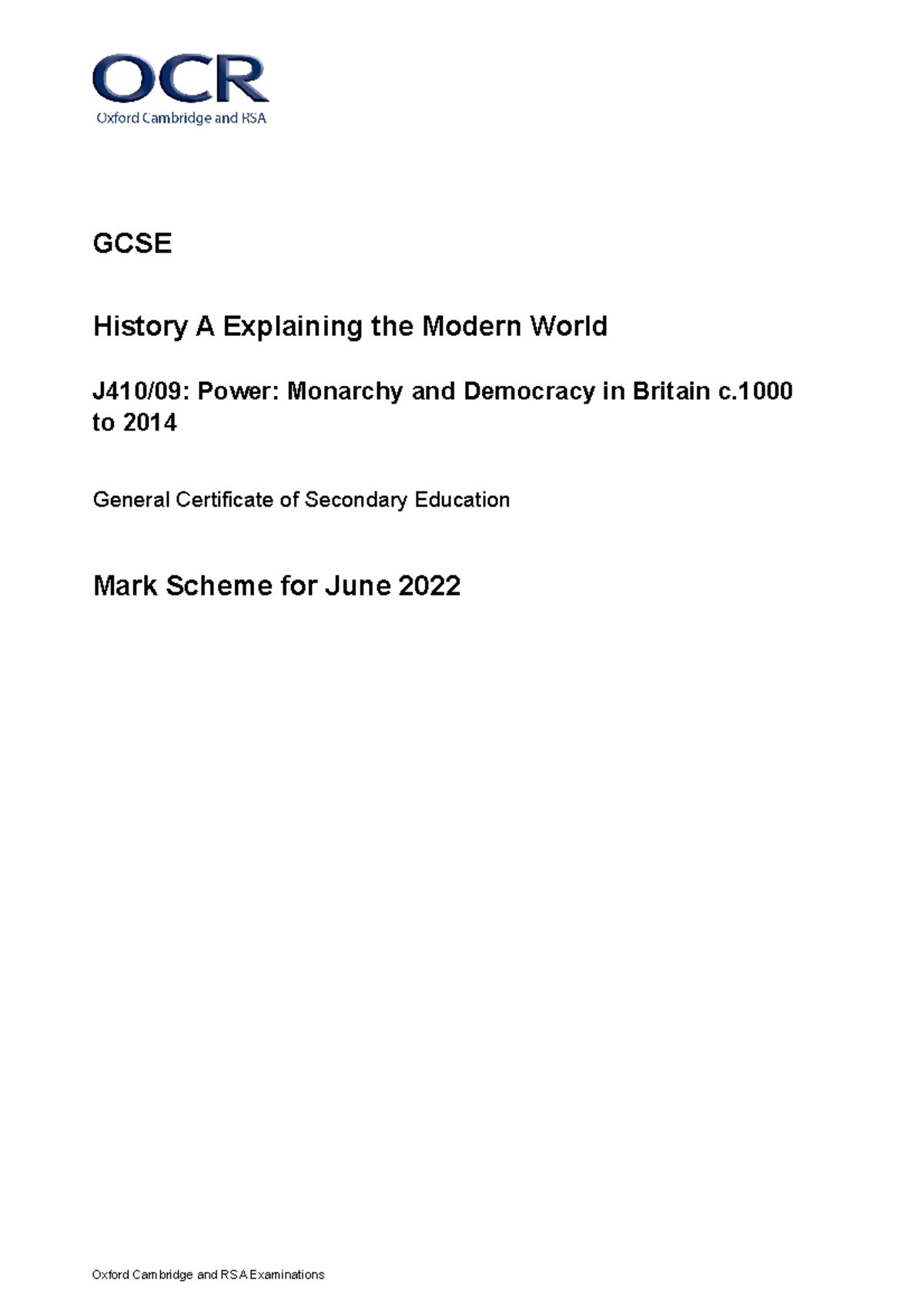 GCSE History A Paper Mark Scheme - Oxford Cambridge and RSA ...