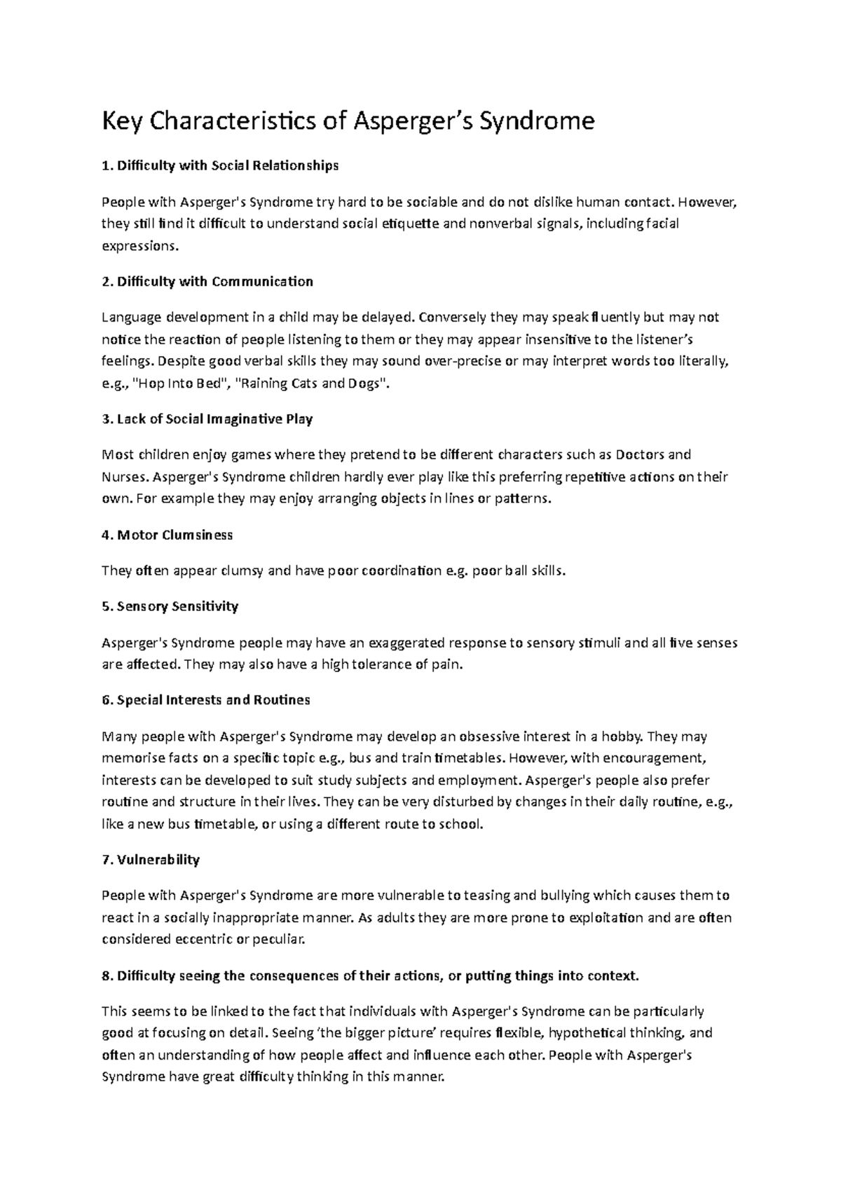 Key Characteristics of Asperger's Syndrome - Difficulty with Social ...