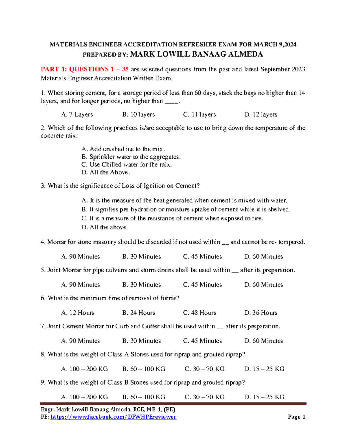 March 2024 ME Refresher Exam - Engr. Mark Lowill Banaag Almeda, RCE, ME-1, (PE) MATERIALS ...