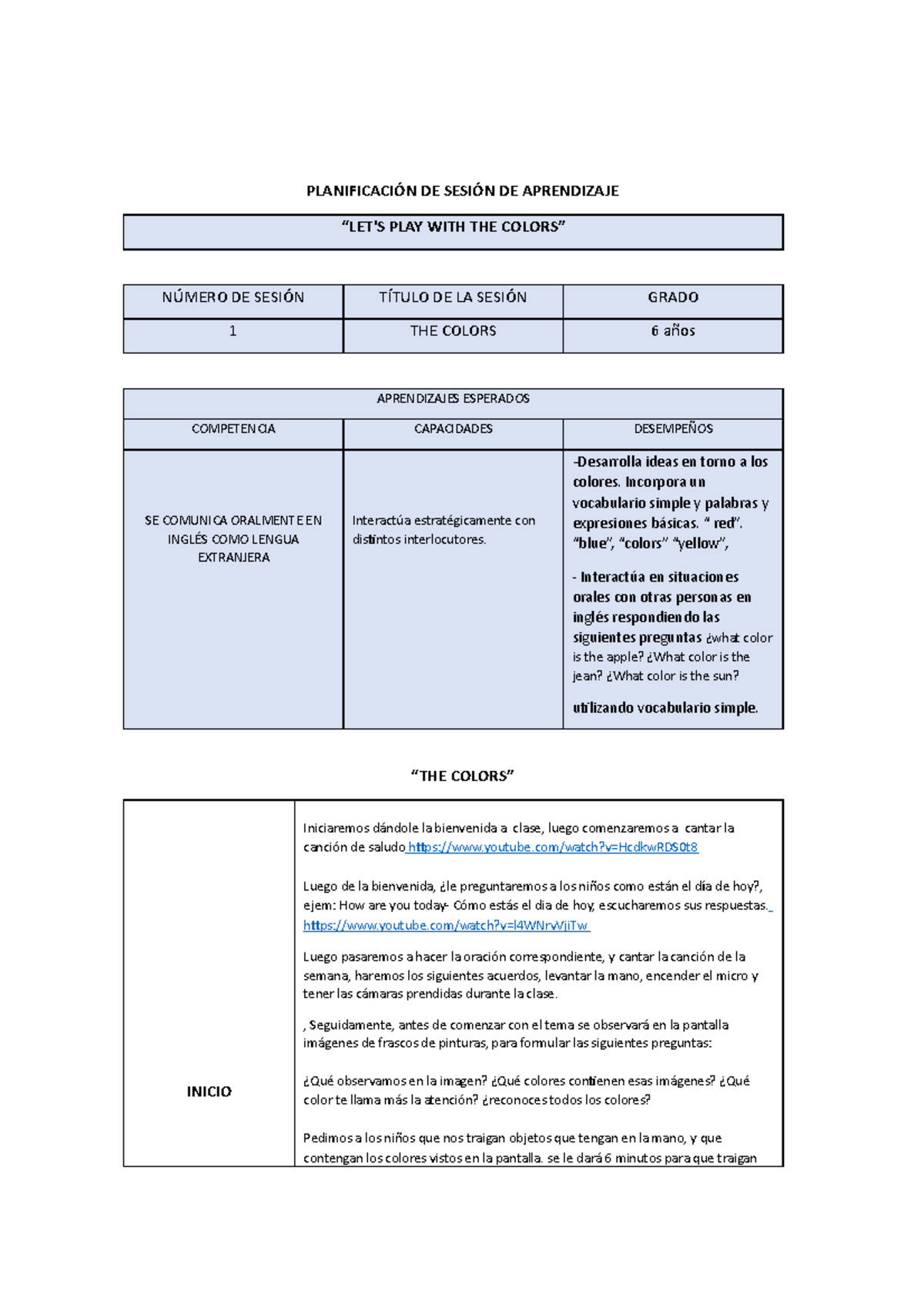 Sesion DE Clase Ingles - PLANIFICACIÓN DE SESIÓN DE APRENDIZAJE “LET'S ...