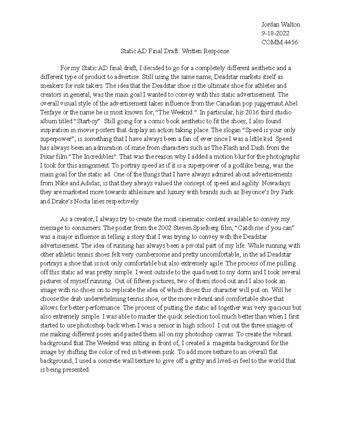 Static Ad Final Draft written response - Jordan Walton 9-18- COMM 4456 ...