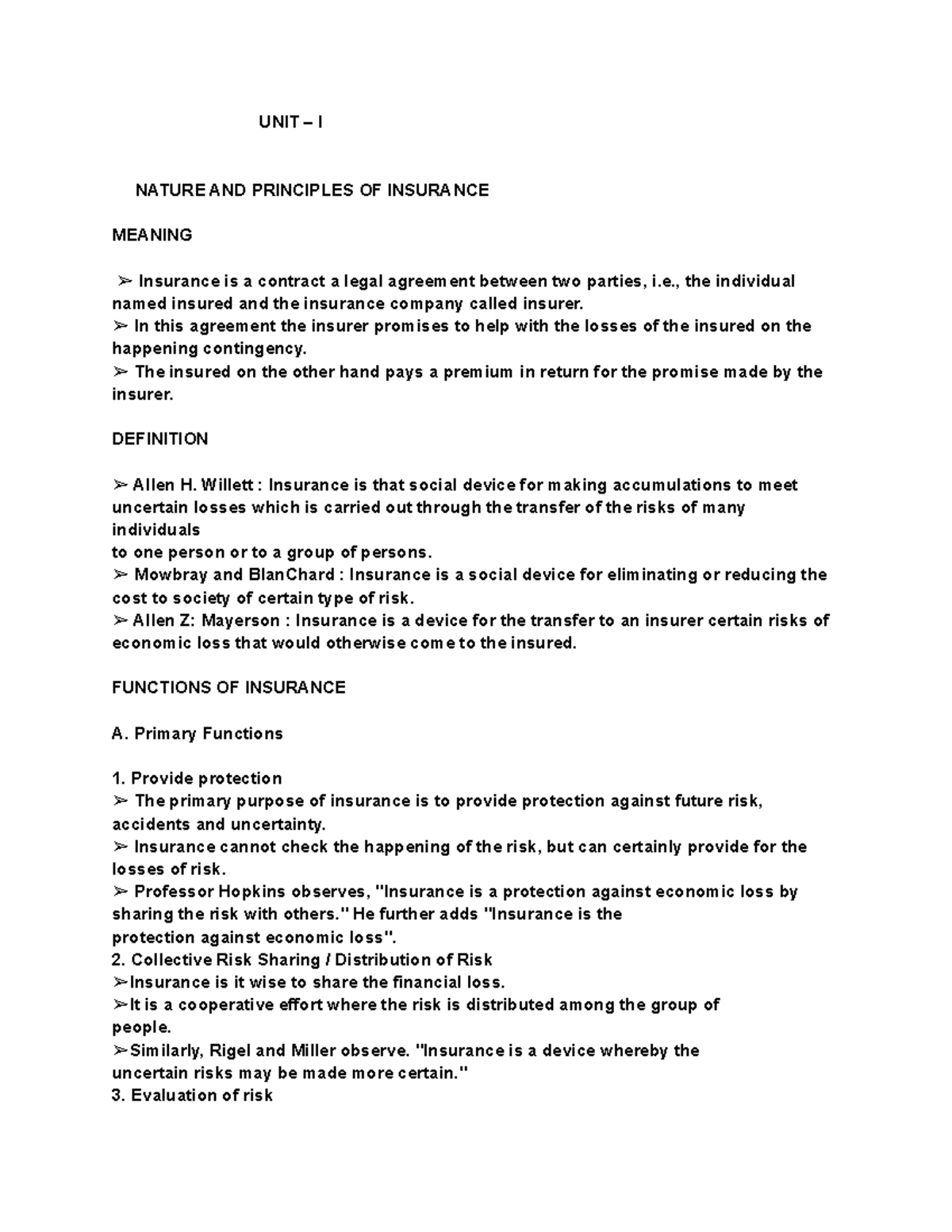 Nature And Principles Of Insurance - UNIT – I NATURE AND PRINCIPLES OF ...