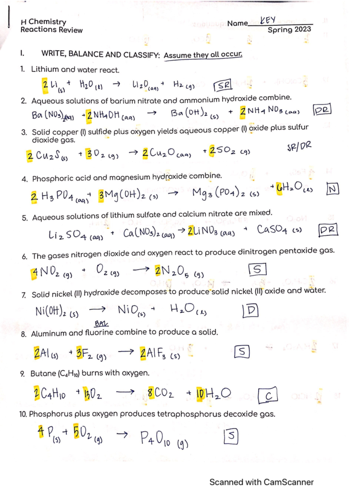 Unit 8 review honors - H Chemistry Name KEY Reactions Review Spring ...