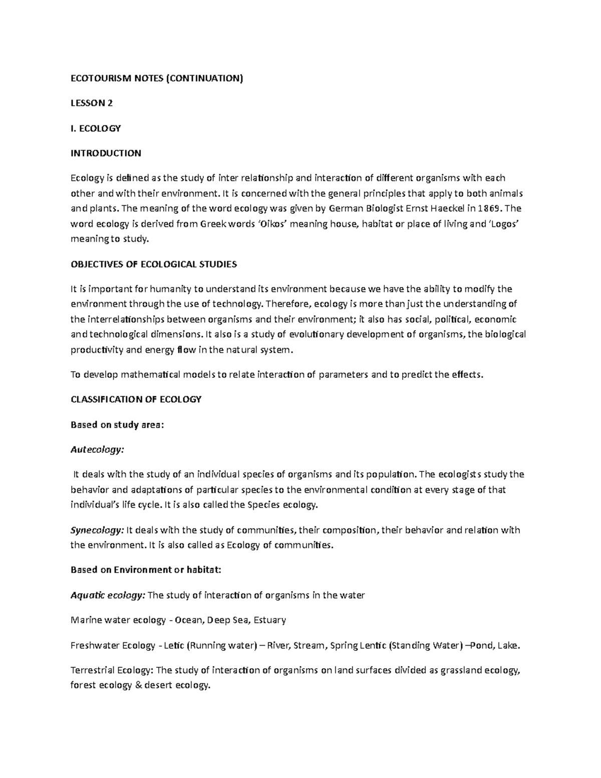 Ecotourism Notes Ecology - ECOTOURISM NOTES (CONTINUATION) LESSON 2 I ...