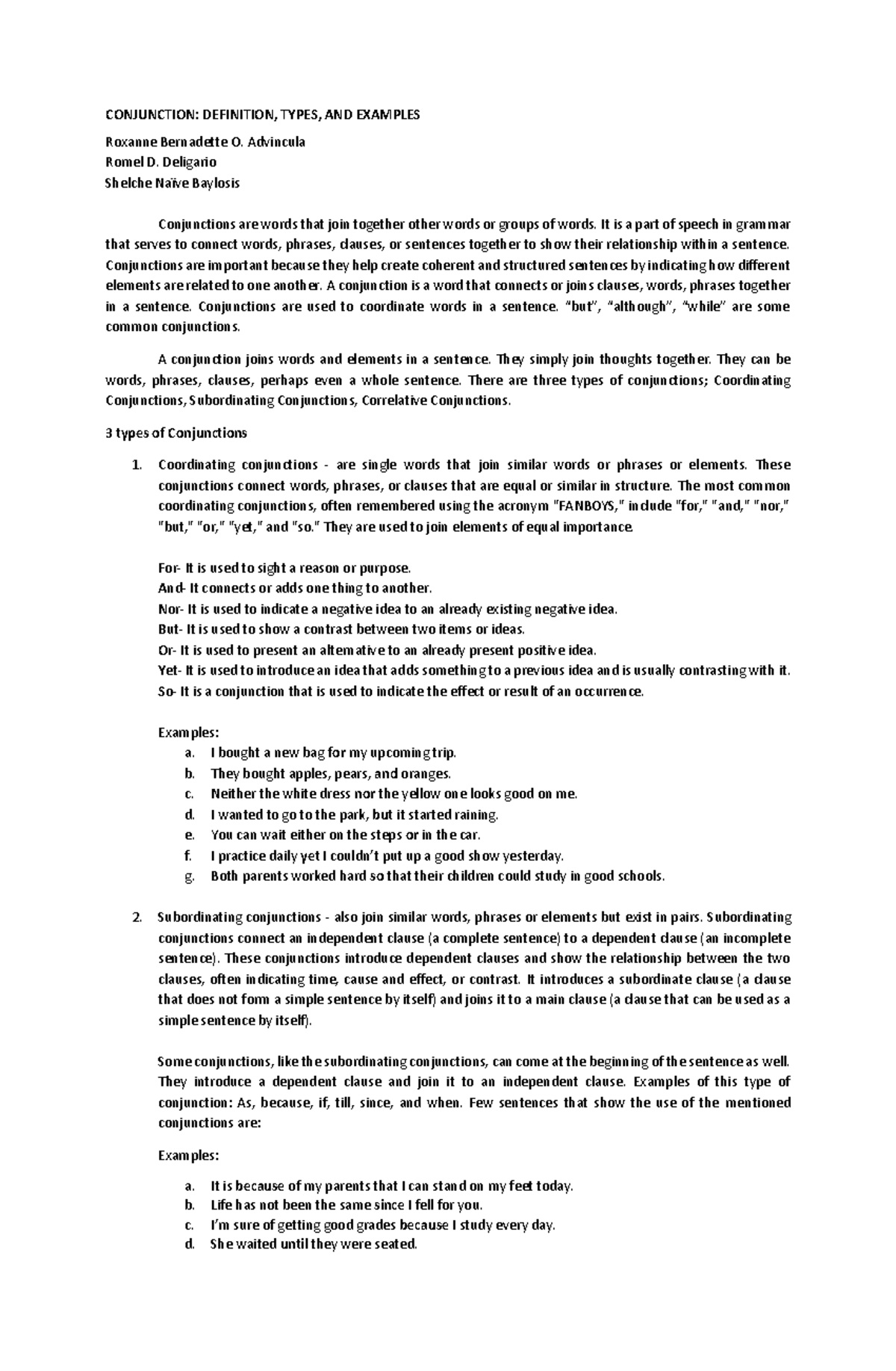 Conjunctions Conjunction Definition Types And Examples Roxanne Bernadette O Advincula