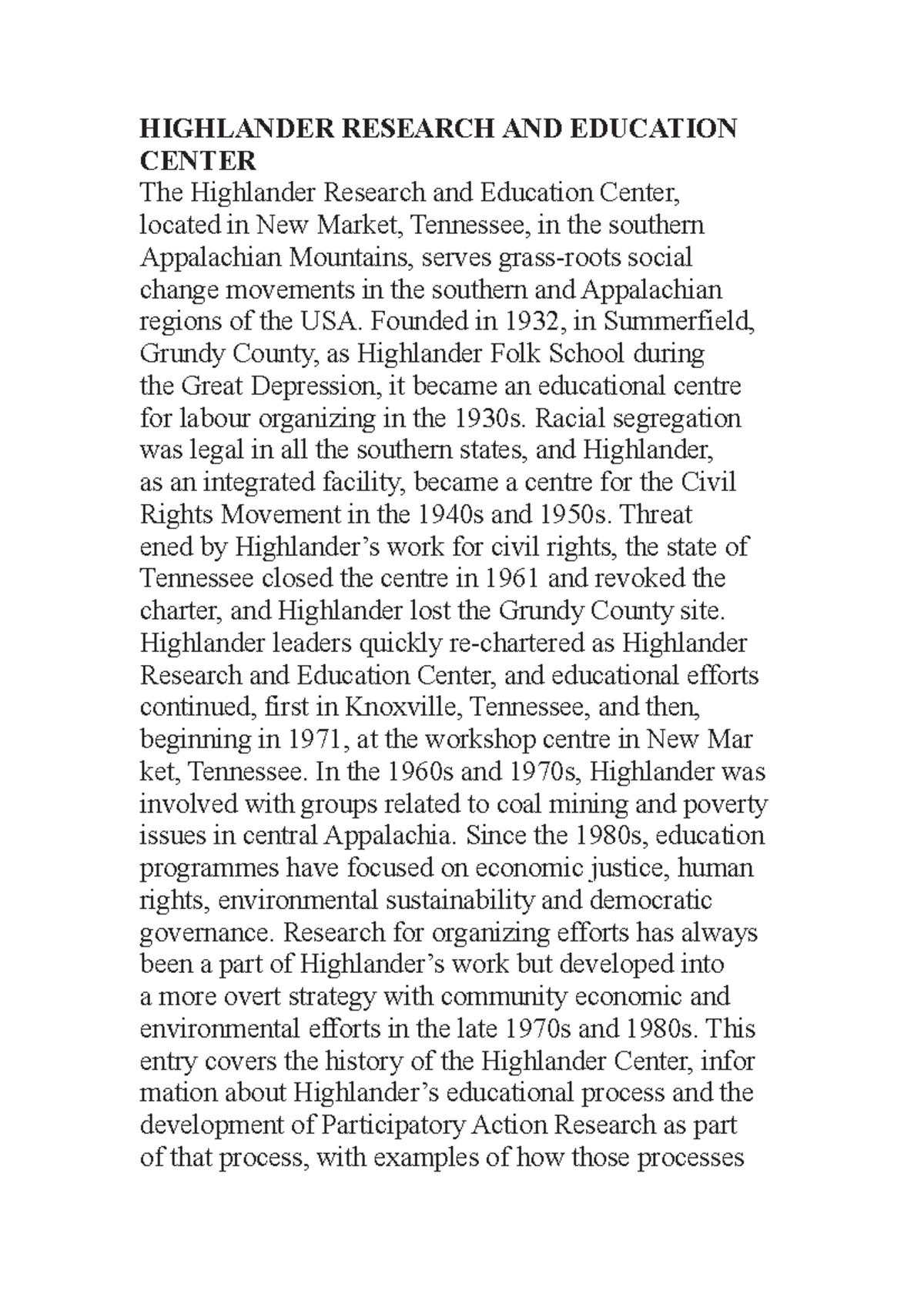 Highlander Research AND Education Center - HIGHLANDER RESEARCH AND ...