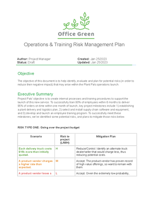 Activity Template Risk management plan - Operations & Training Risk ...