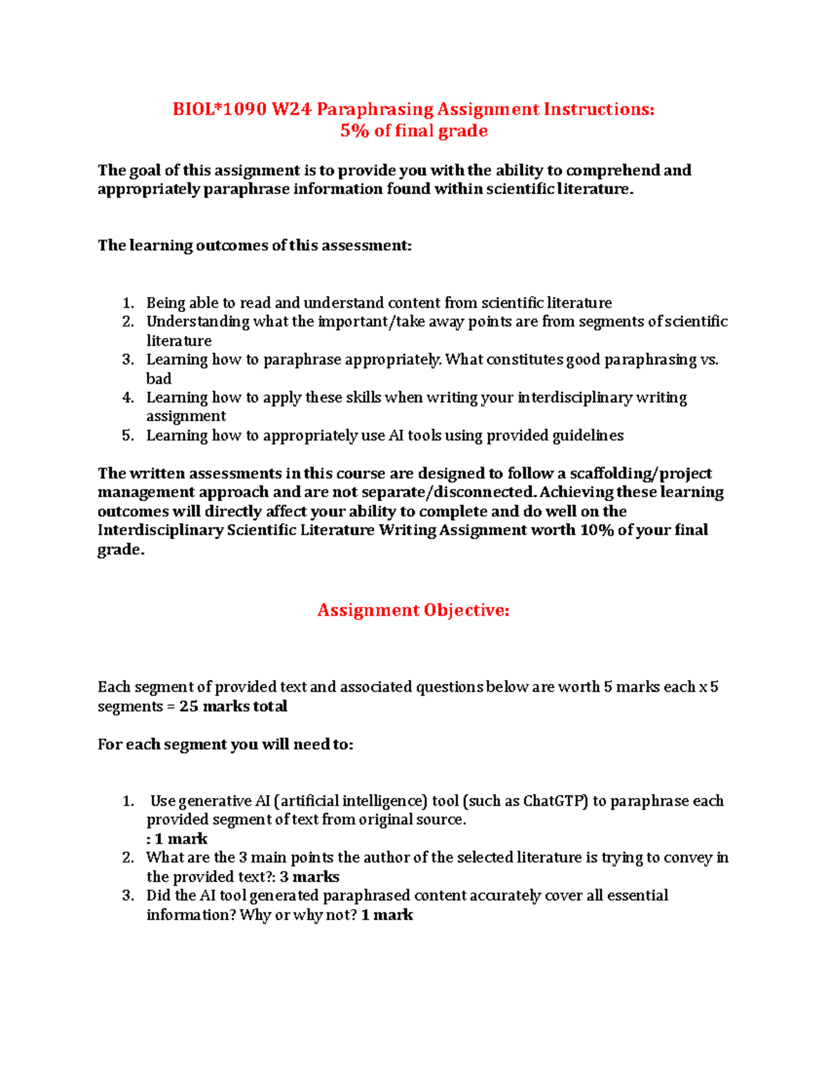 PDF Paraphrasing Assignment - BIOL*1090 W24 Paraphrasing Assignment Instructions: 5% of Ainal ...