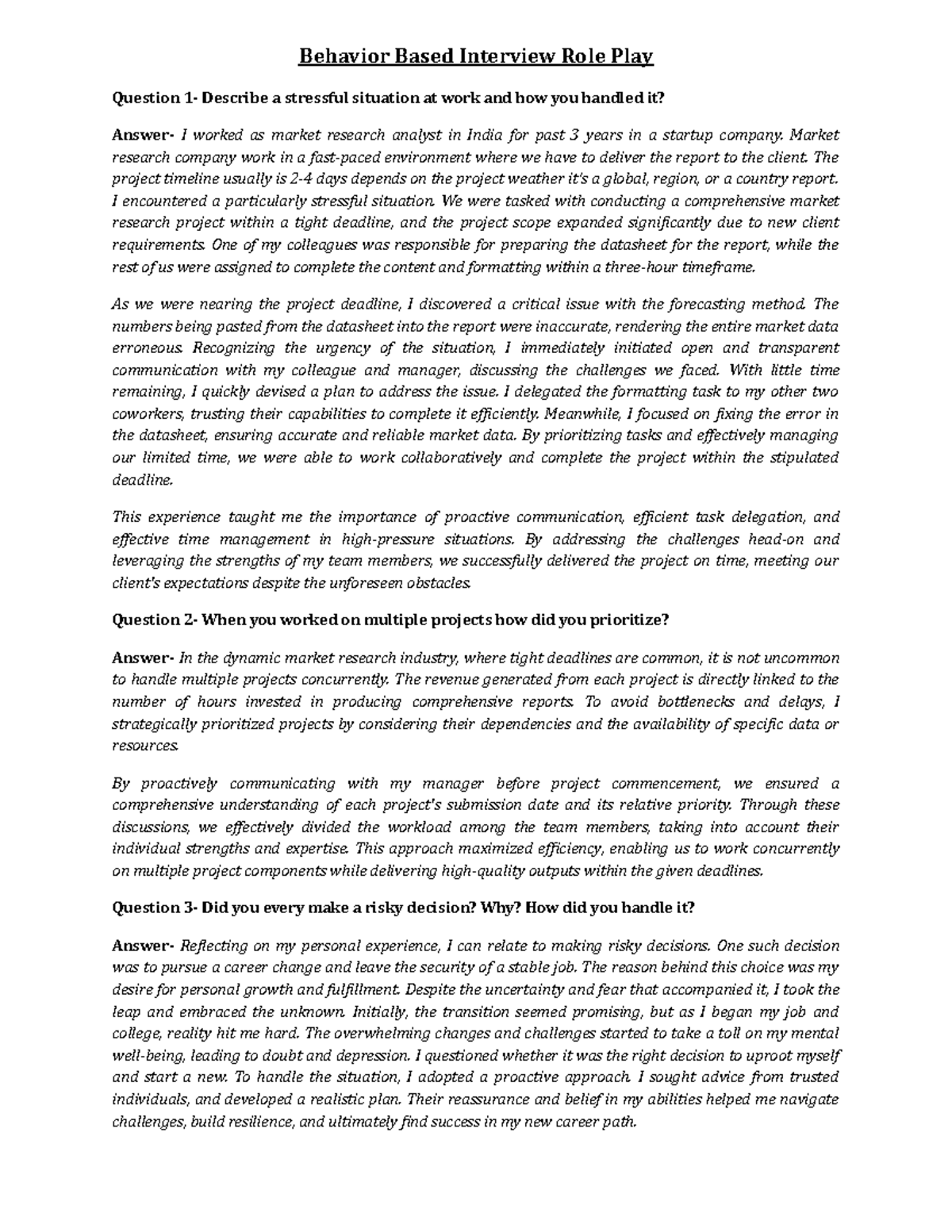 Behaviour based Interview Role Play - Behavior Based Interview Role ...