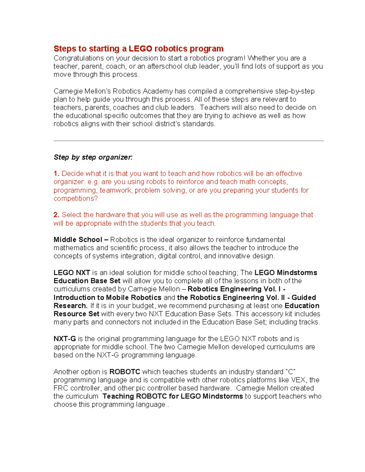 Steps to starting a lego robotics program - Steps to starting a LEGO robotics program - Studocu