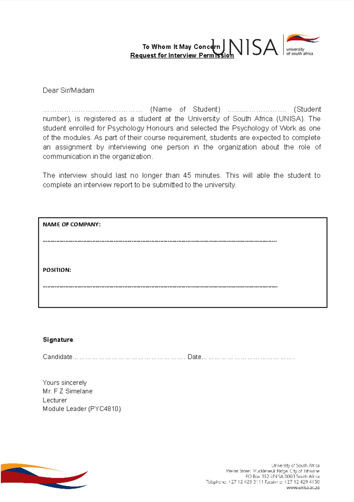 Letter for interview permission - To Whom It May Concern Request for ...