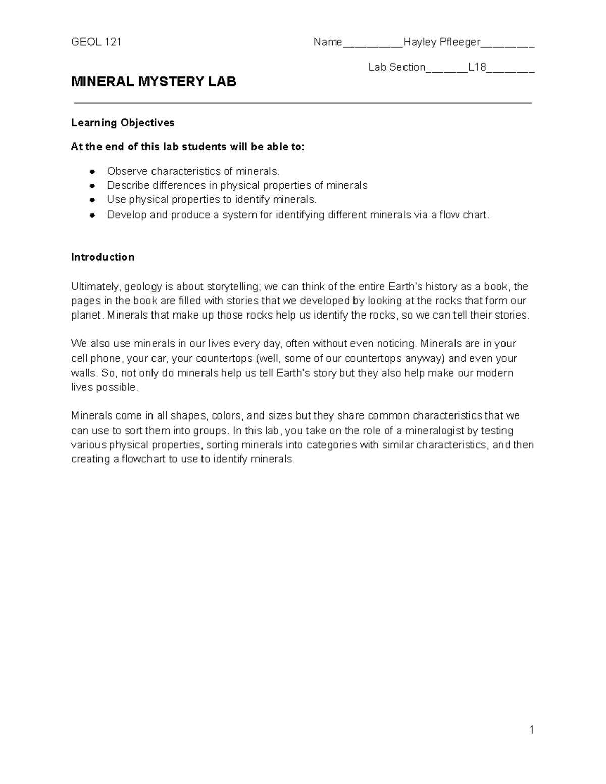 Mineral Mystery Lab GEOL 121 - Studocu