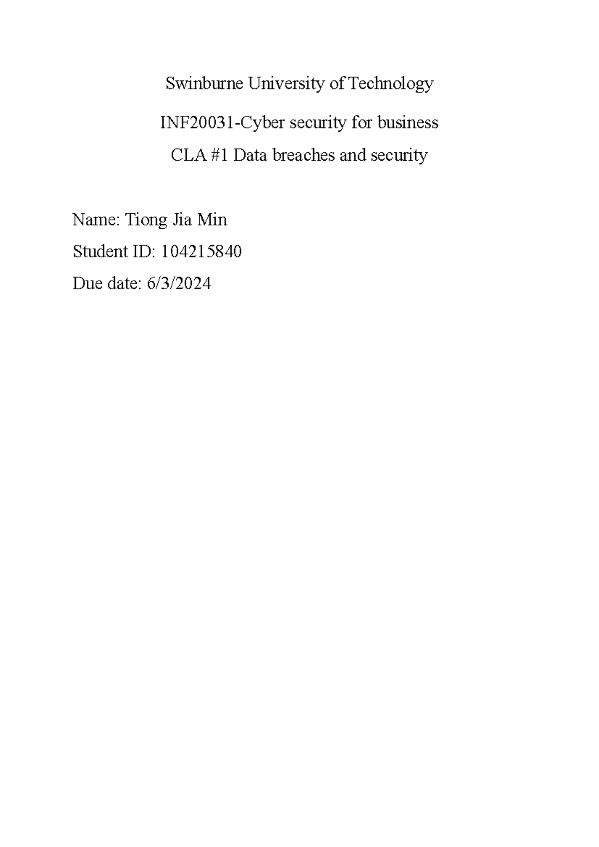 CLA 1 Cyber security for business - Swinburne University of Technology ...