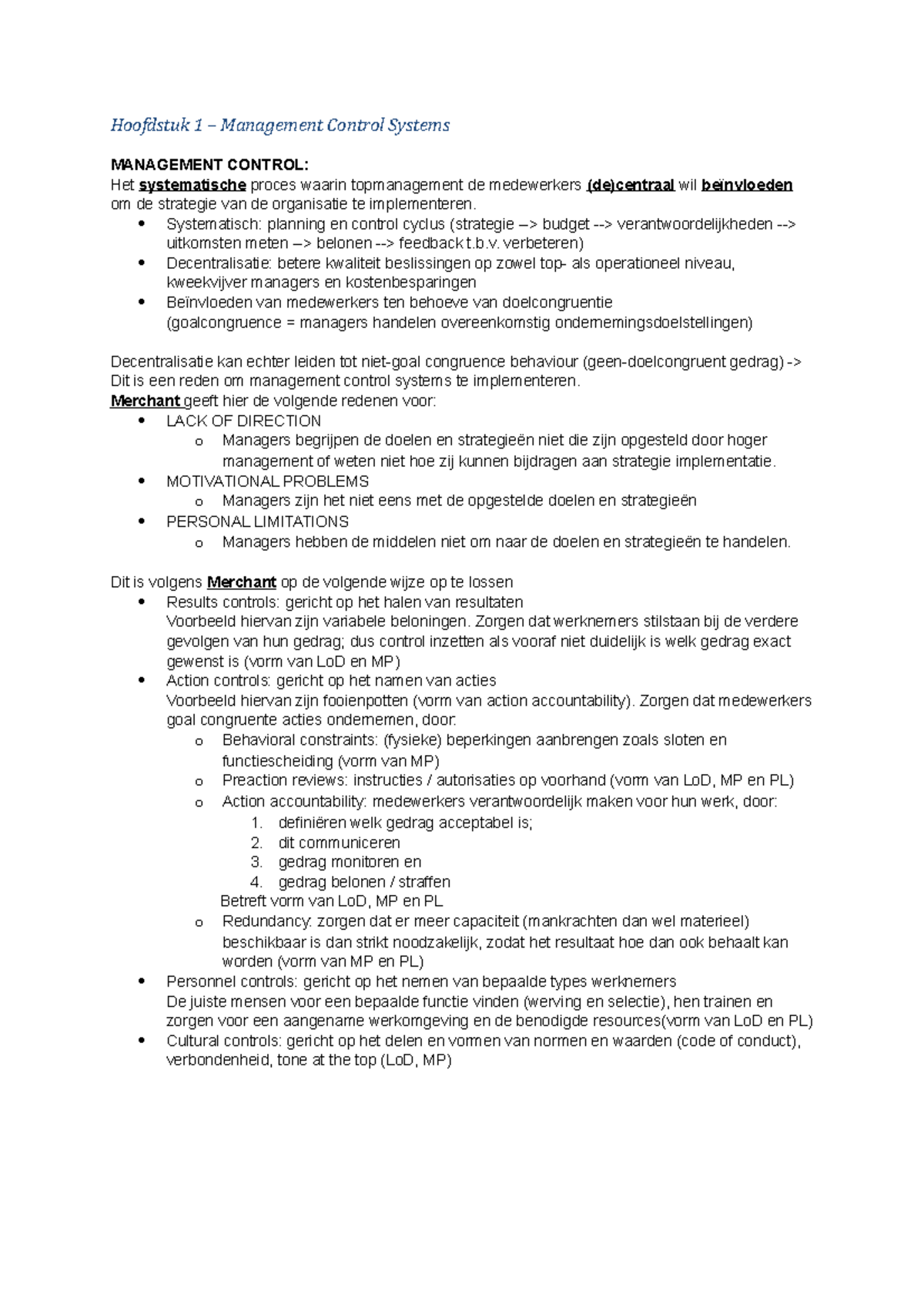 Management Control (MACO) Samenvatting) - Hoofdstuk 1 – Management ...