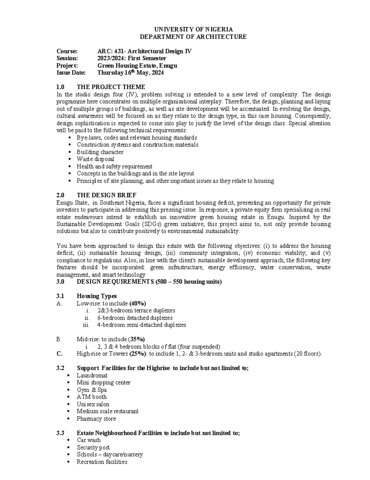 ARC 431 Design Brief 2023-2024 - UNIVERSITY OF NIGERIA DEPARTMENT OF ...