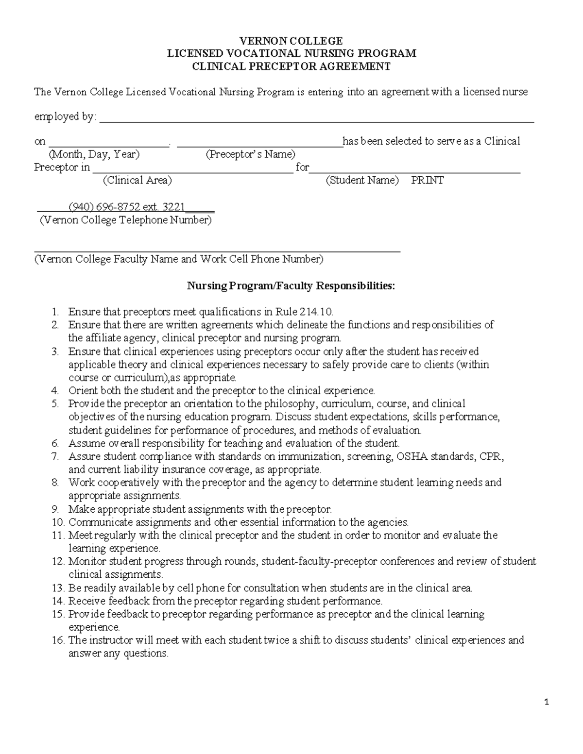 Preceptor+Contract+LVN - VERNON COLLEGE LICENSED VOCATIONAL NURSING ...