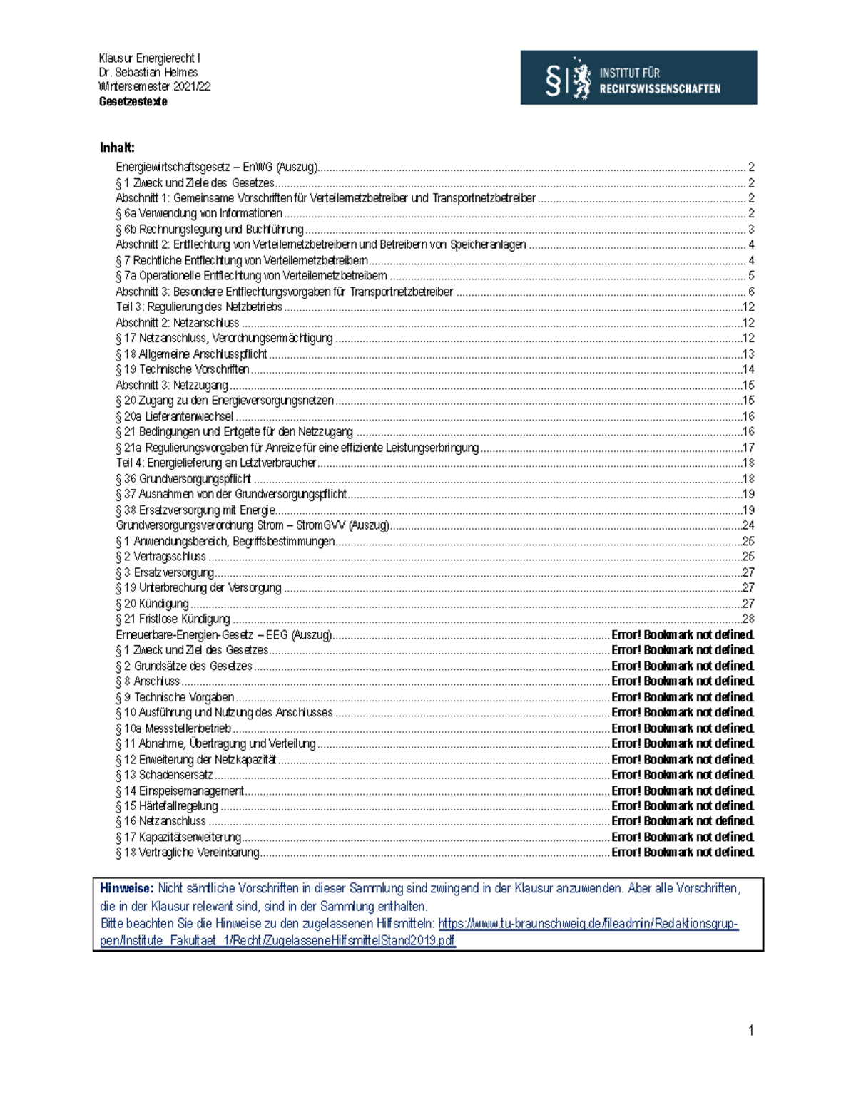 Gesetzestexte Klausur Energierecht I WS 2021-22 - Dr. Sebastian Helmes ...