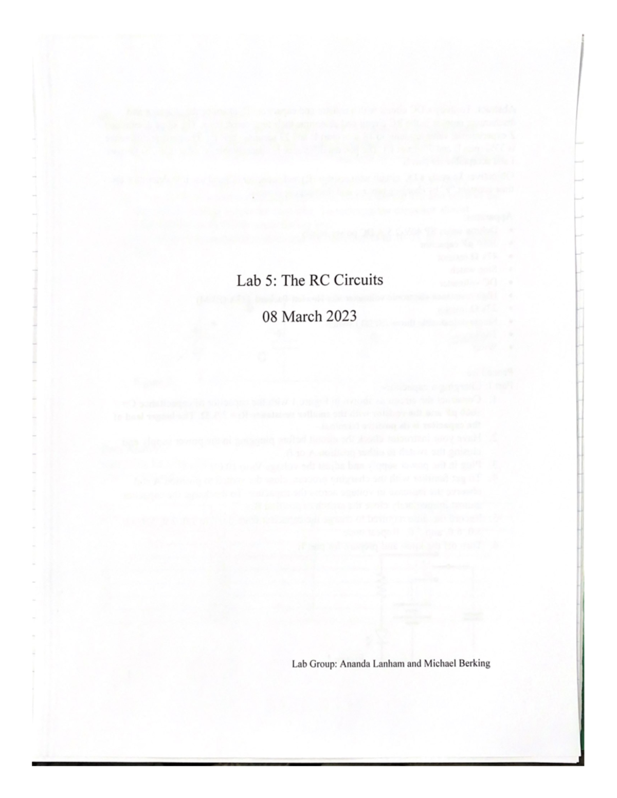 Lab 5 The RC Circuits - Lab 5: The RC Circuits 08 March 2023 Lab Group ...