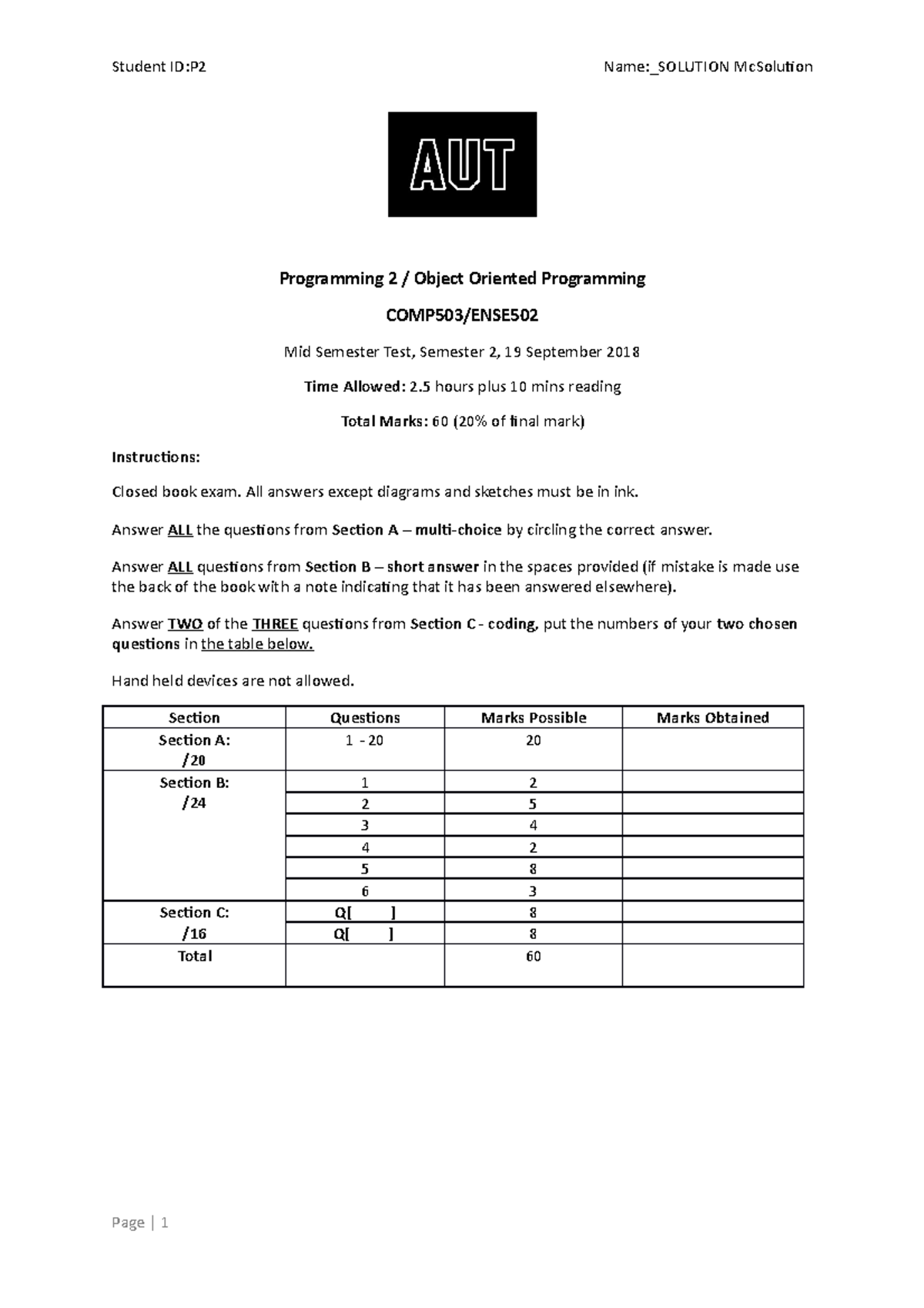 Test 13 April 2018, questions and answers - Student ID:P2 Name ...