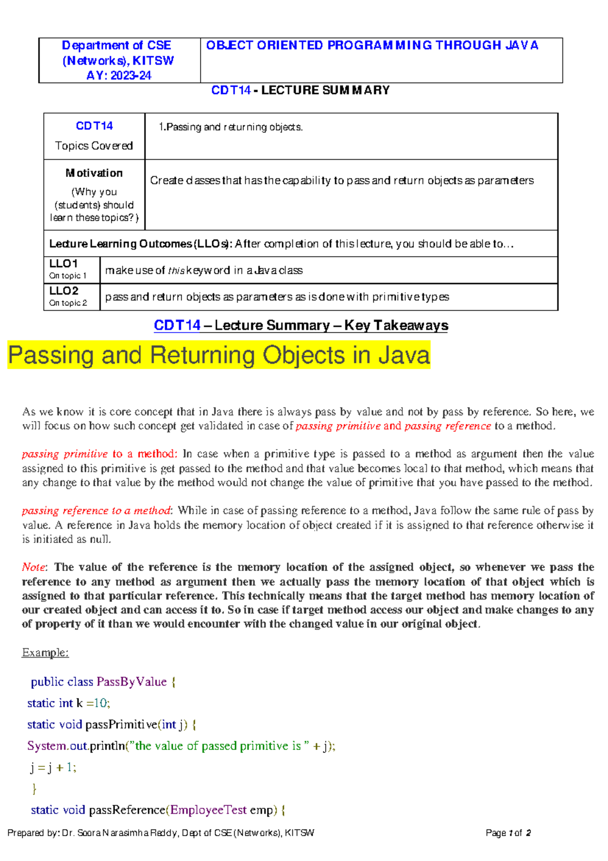 OOPJ CDT14 Summary SNR 2022-23 - D epartment of CSE (N etworks), KI TSW ...