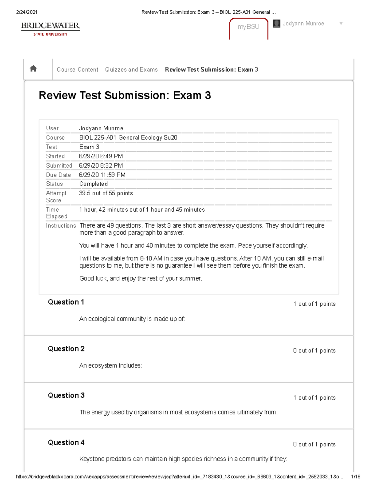 Review Test Submission Exam 3 – BIOL 225-A01 General - - Studocu