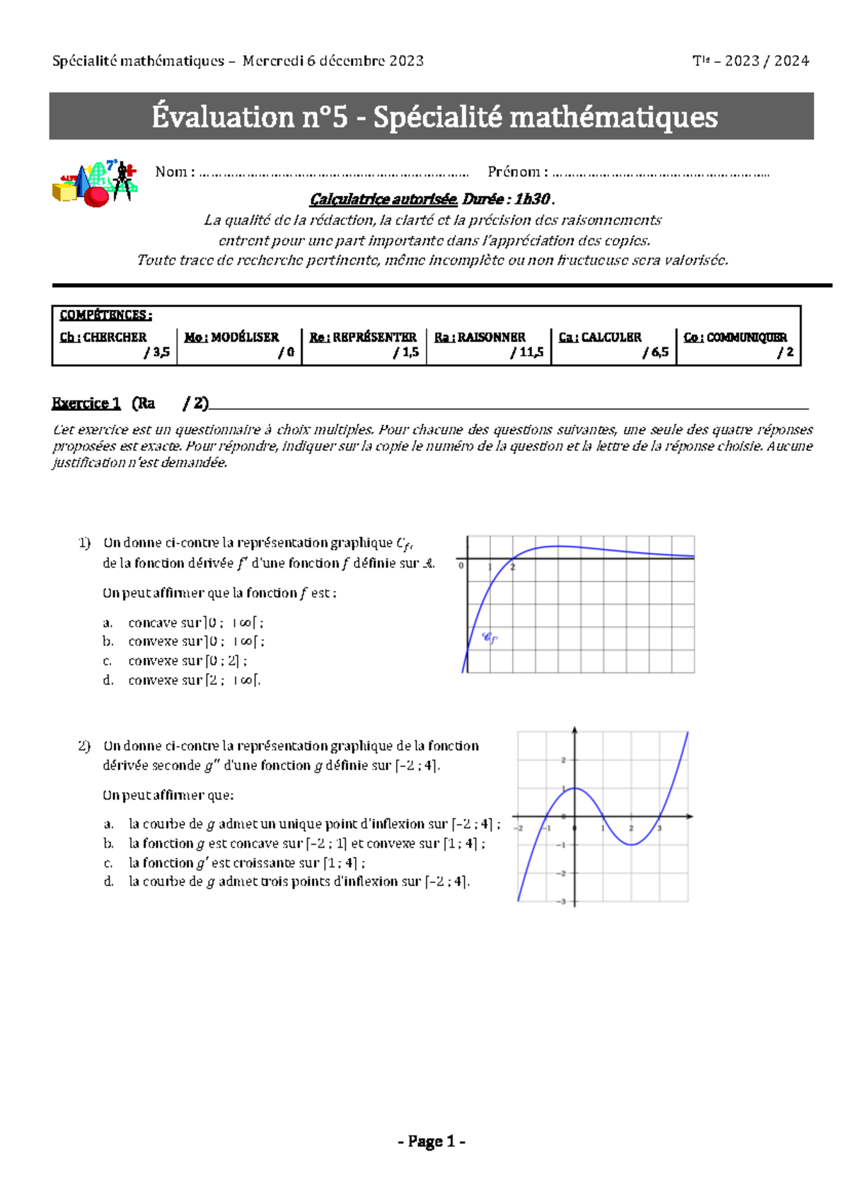 TSpe´ EVAL5 2023 - Sujet d'évaluation de mathématiques terminal sur une ...
