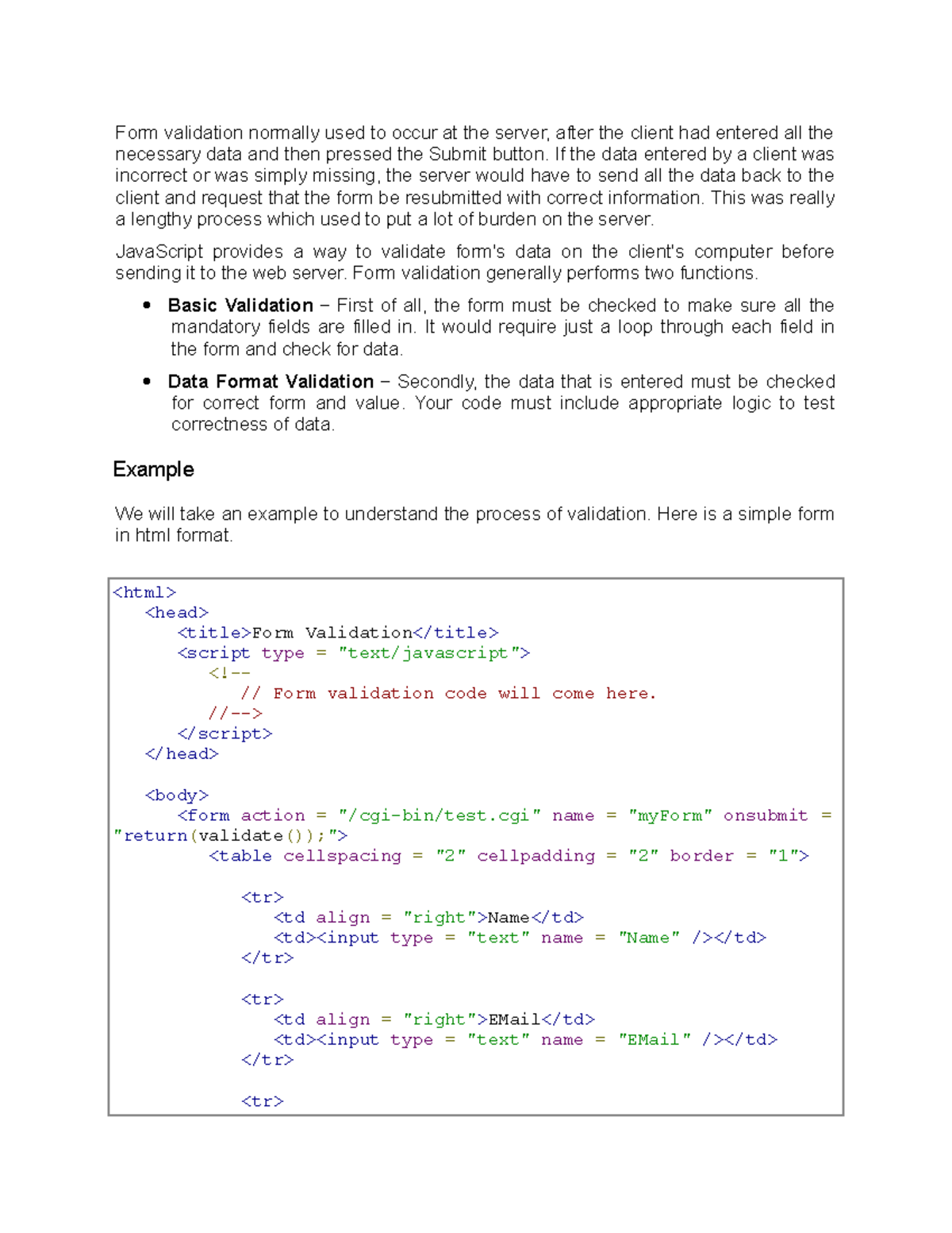 Form validation - notes - Form validation normally used to occur at the ...