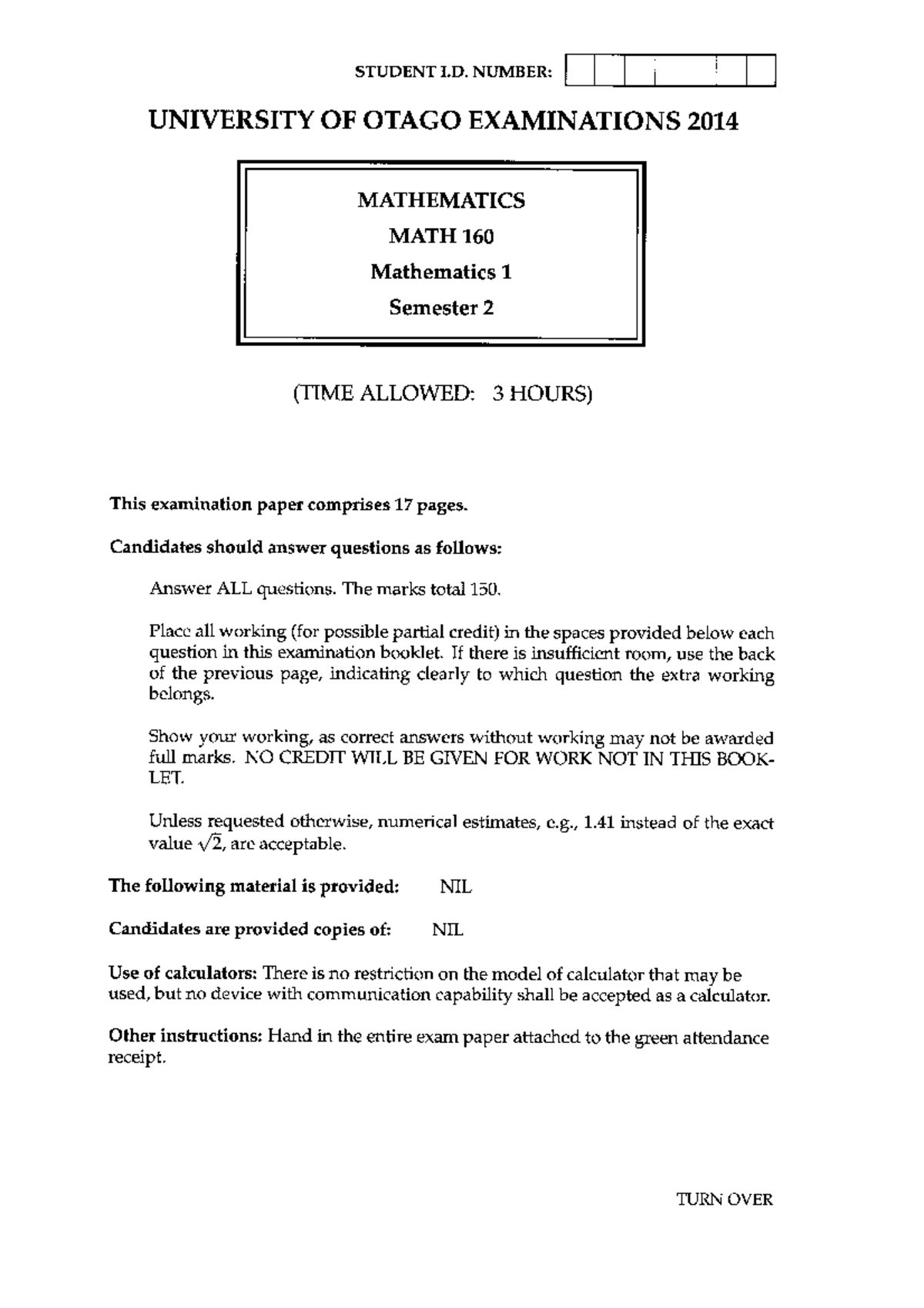 Math160 2014 s2 - past papers - maths - Studocu