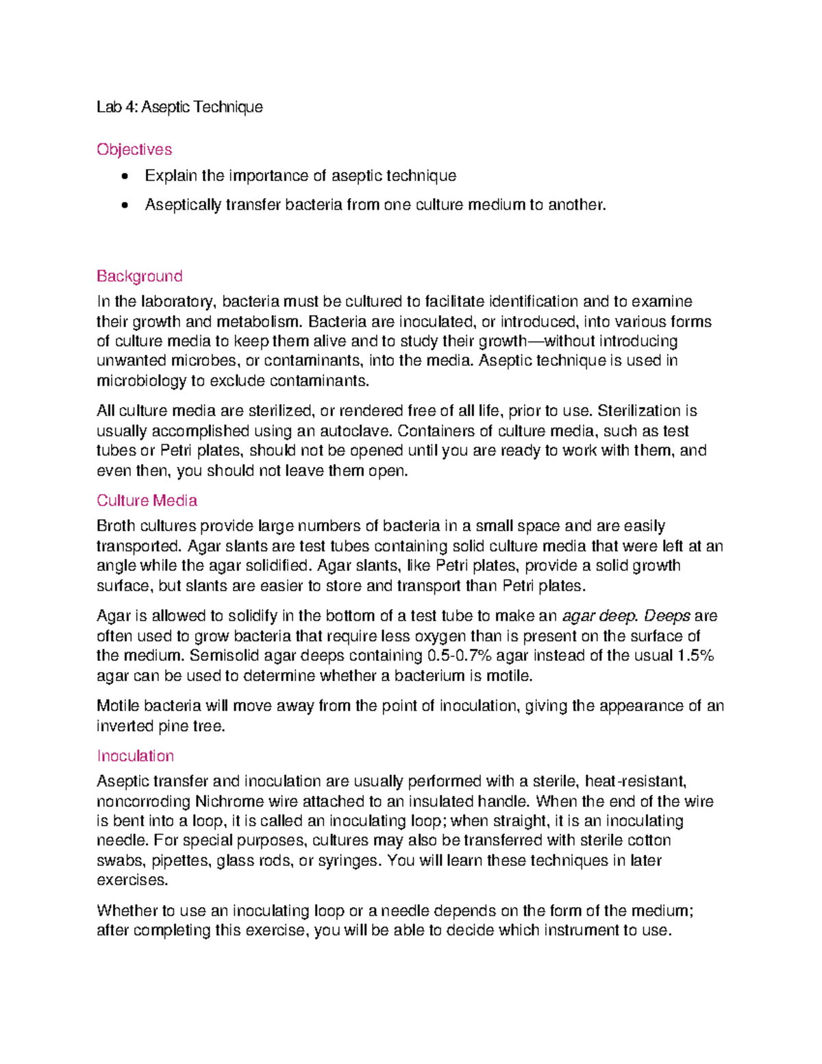 Lab 4 - Report Aseptic Technique - Lab 4: Aseptic Technique Objectives ...