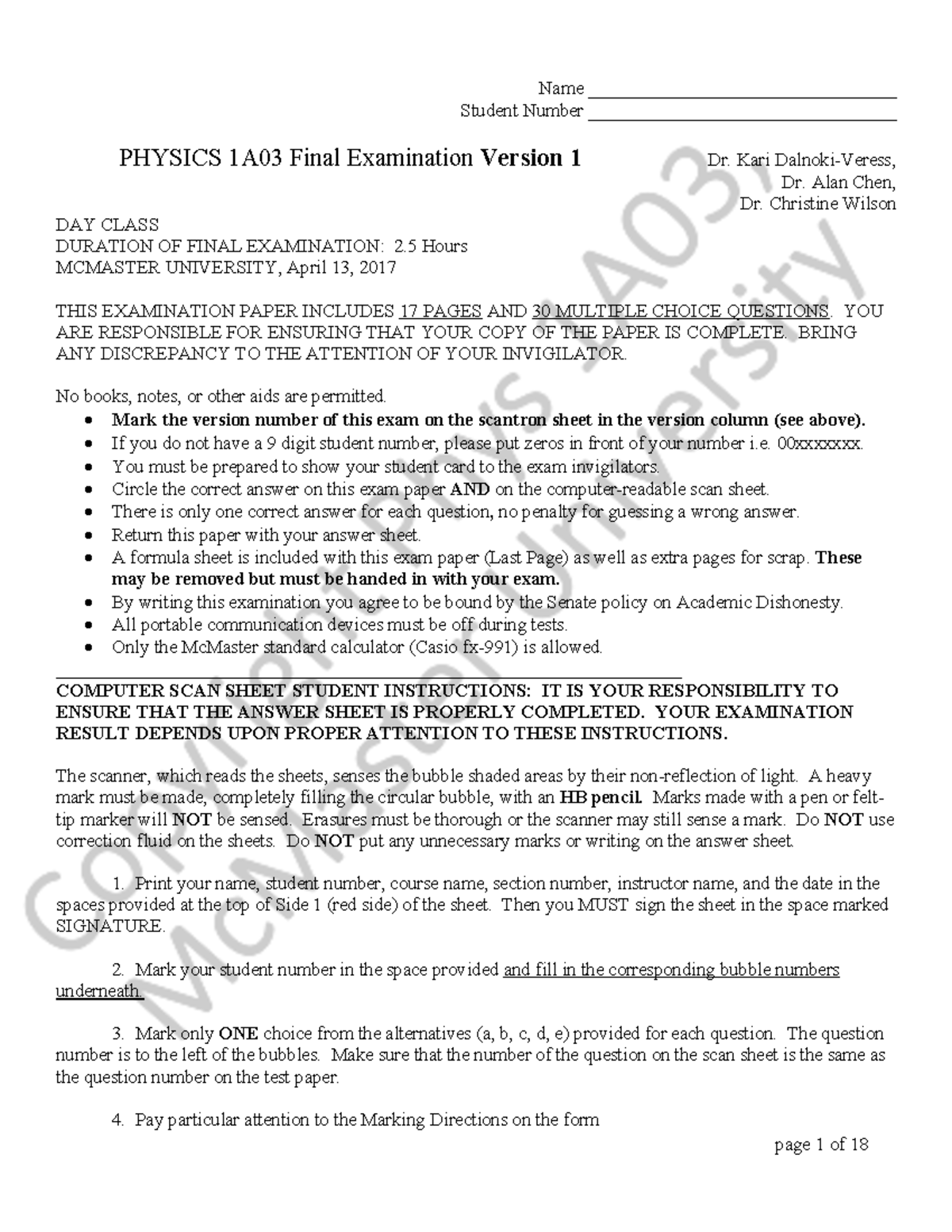 Final 1A03 Winter 2017 Version 1 Answers Watermark - Name