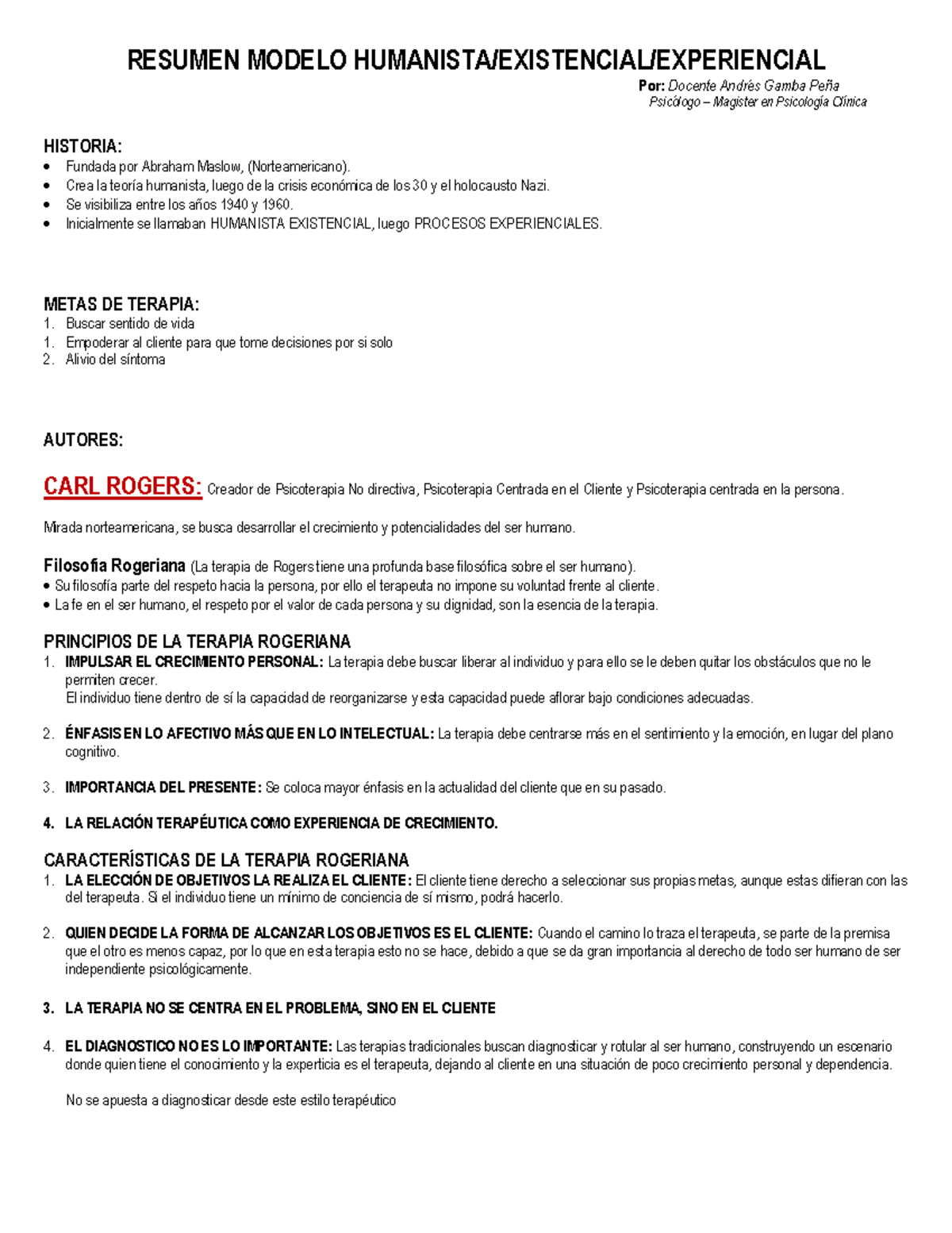 Resumen Modelo Humanista Existencial Experiencial - RESUMEN MODELO ...