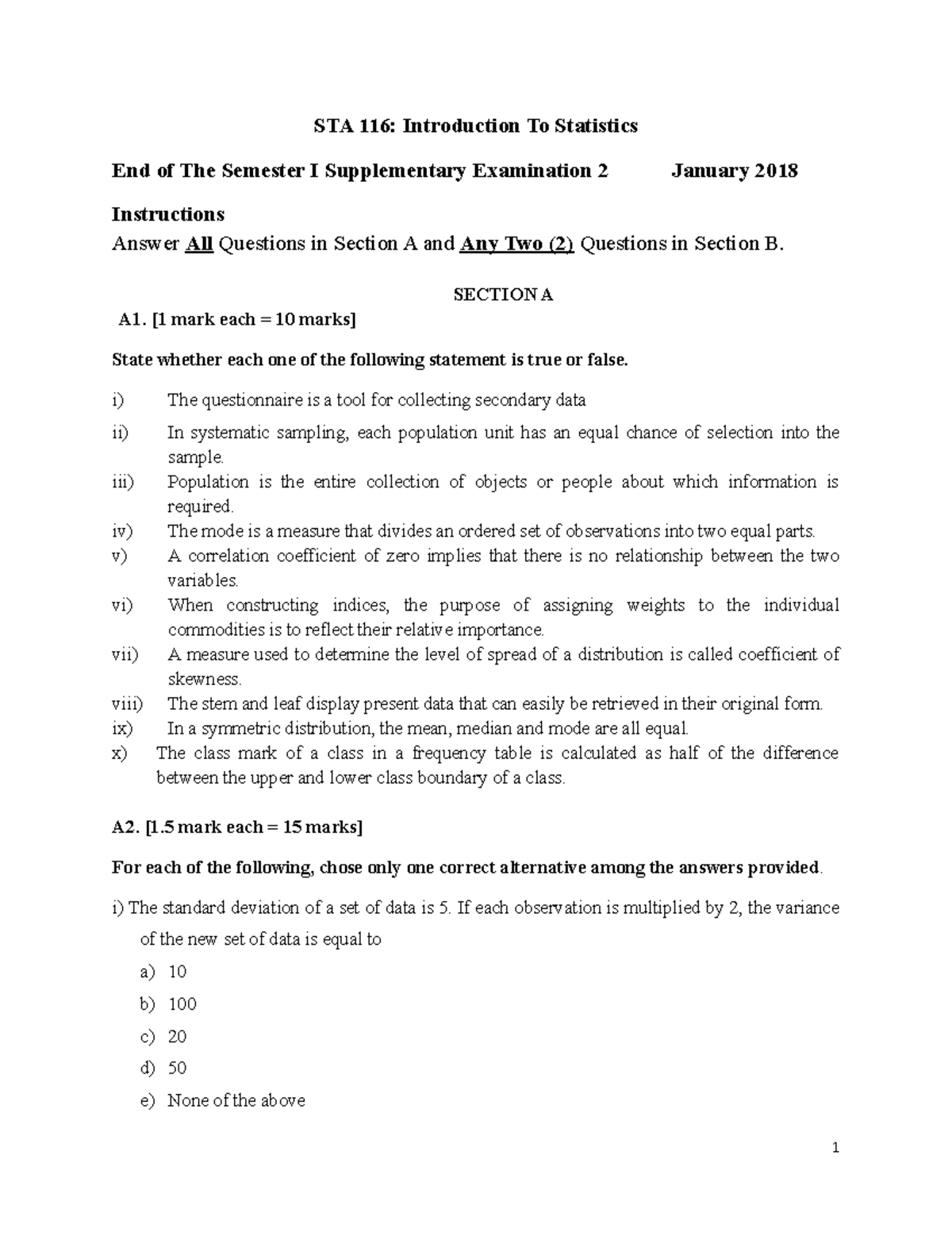 STA 116 Supplementary Examination 2 Jan 2018 - STA 116: Introduction To ...