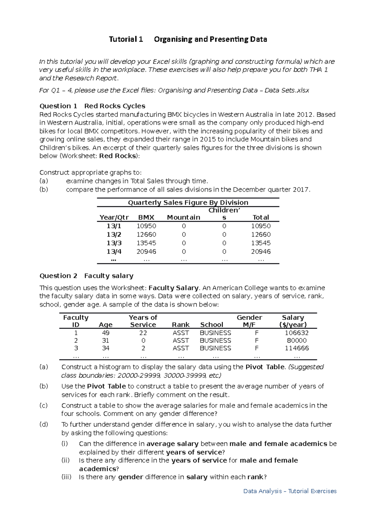 Tutorial 1 Questions - Organising and Presenting Data - Tutorial 1 Organising and Presenting ...