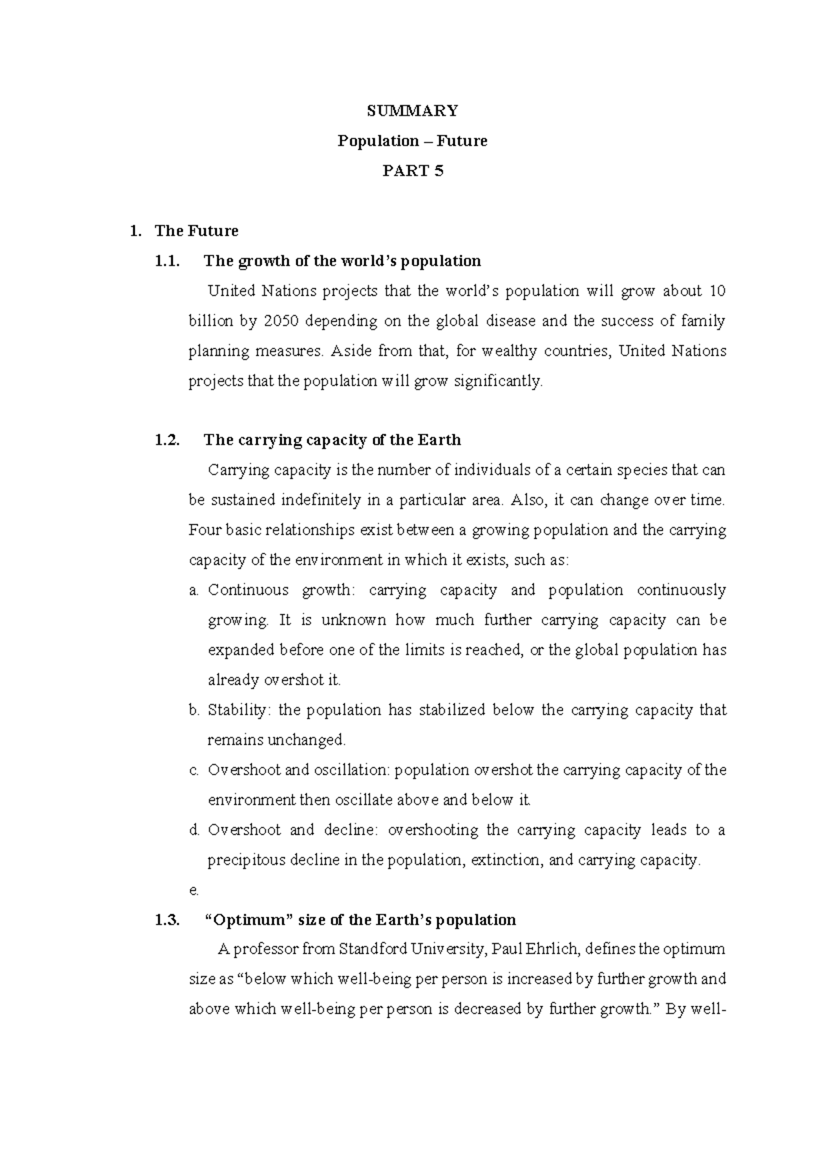 Global Issues - Population Future Summary 5 - SUMMARY Population ...