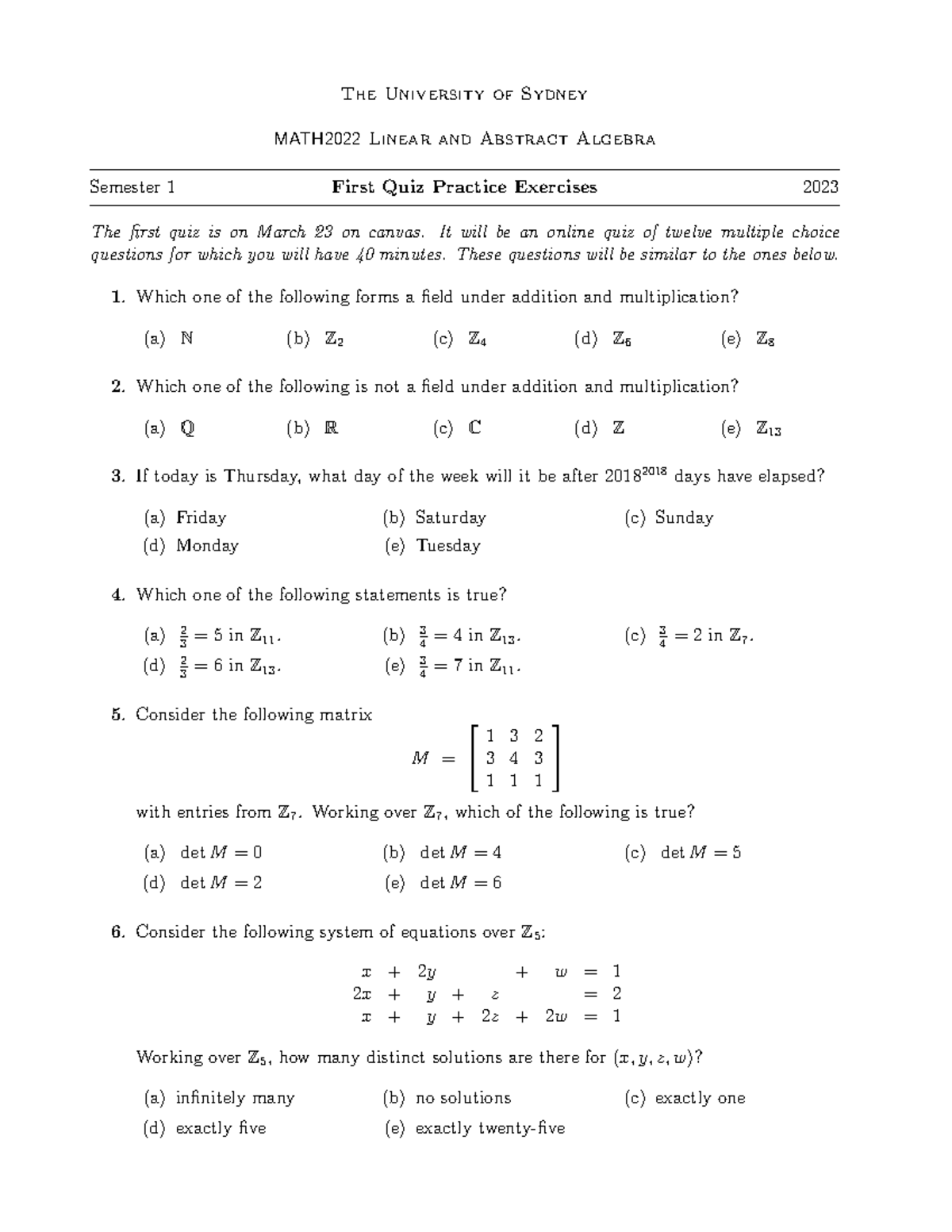 Practice Quiz 1 - The University of Sydney MATH2022 Linear and Abstract ...