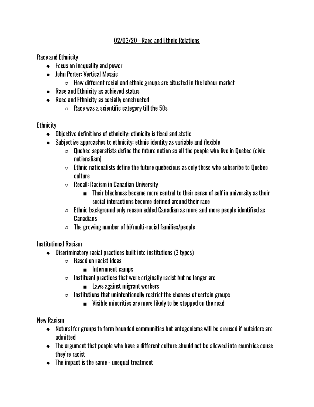 Reading Material - Race and Ethnic Relations (ch. 9) - 02/03/20 - Race ...