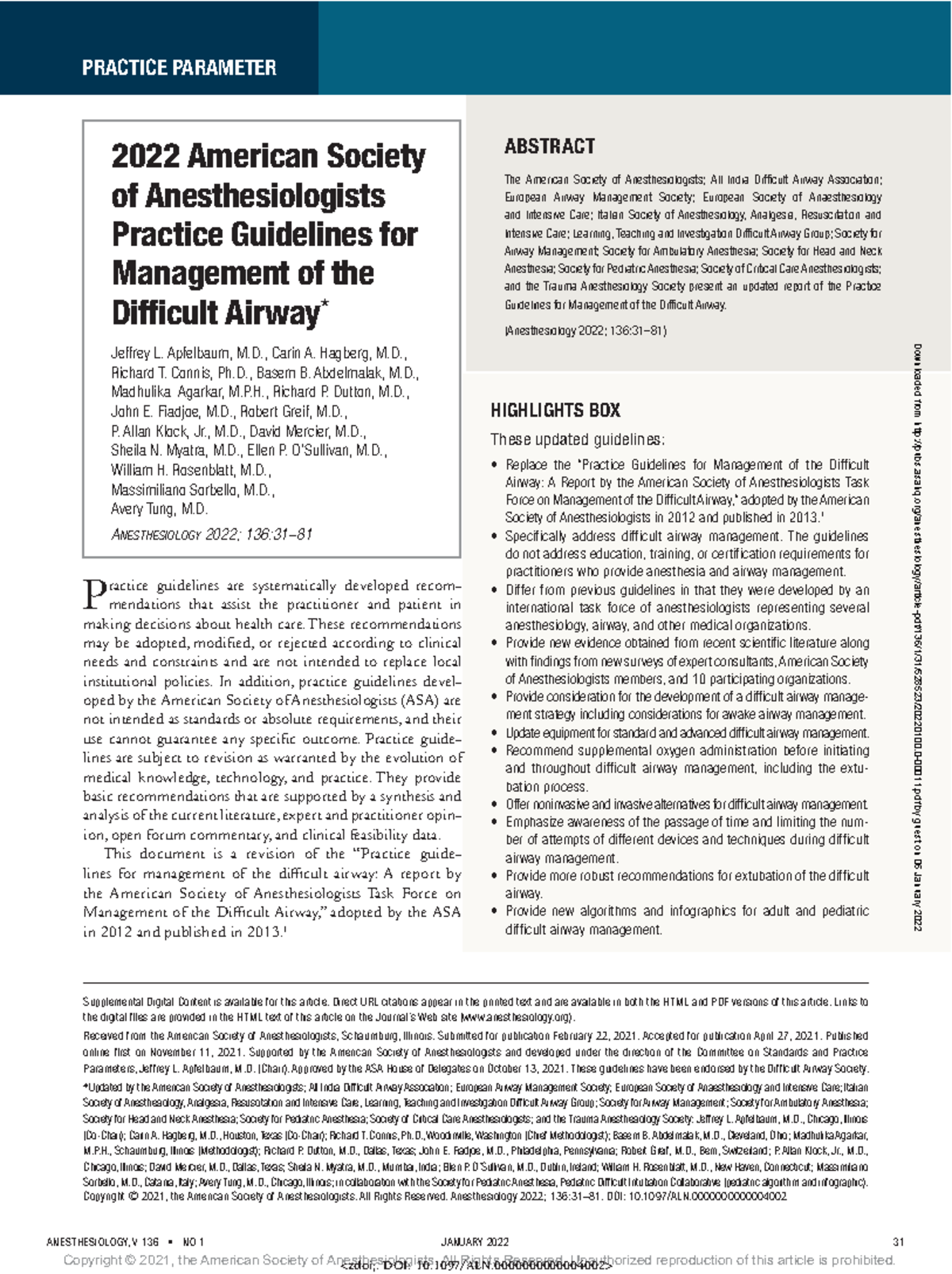 2022 American Society of Anesthesiologists Practice Guidelines for ...