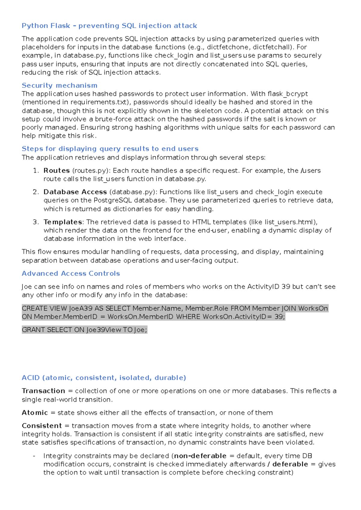ISYS 2120 Sem 2 2024 Summaries - Python Flask – preventing SQL injection attack The application ...