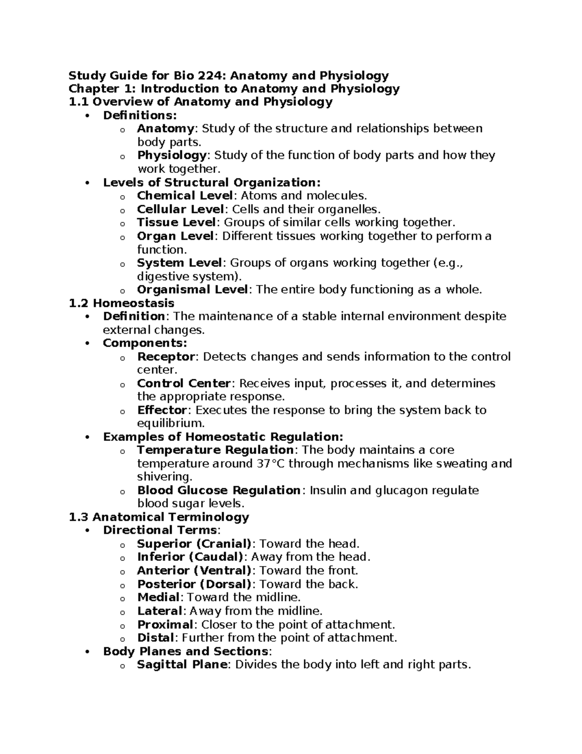 Chapter 1, Introduction to Anatomy and Physiology - Study Guide for Bio ...