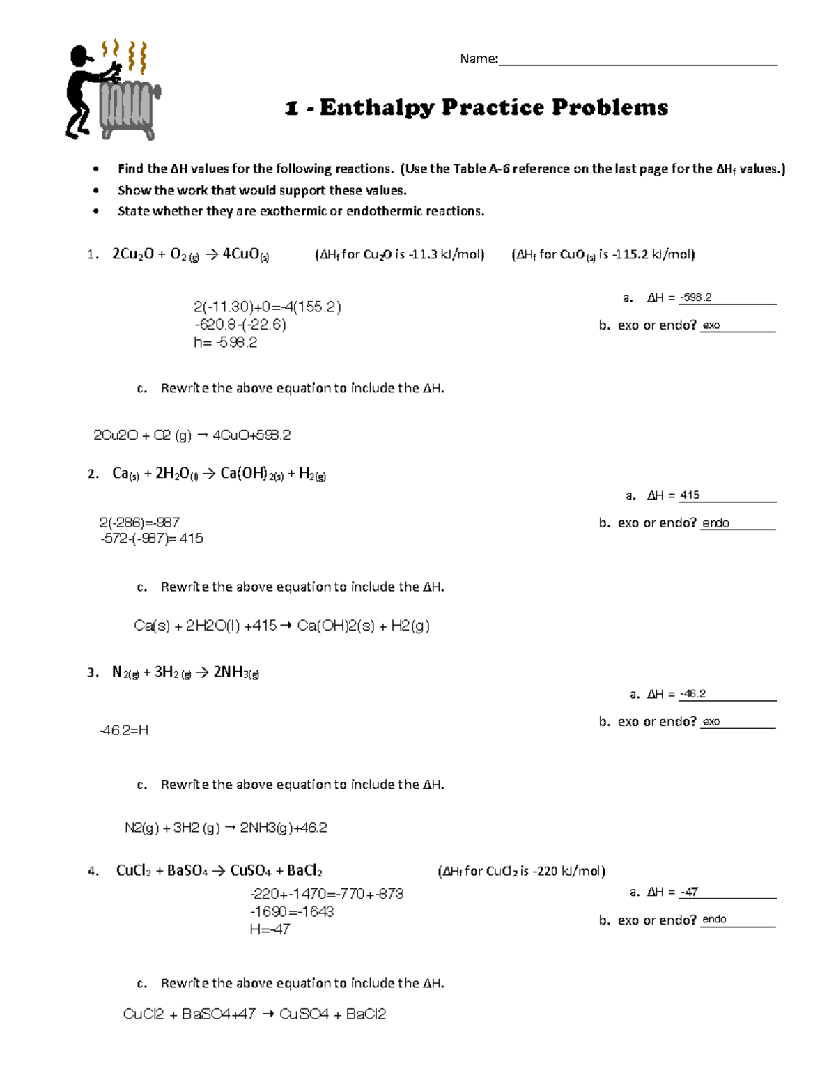 1 Enthalpy Practice Problems Name 1 Enthalpy