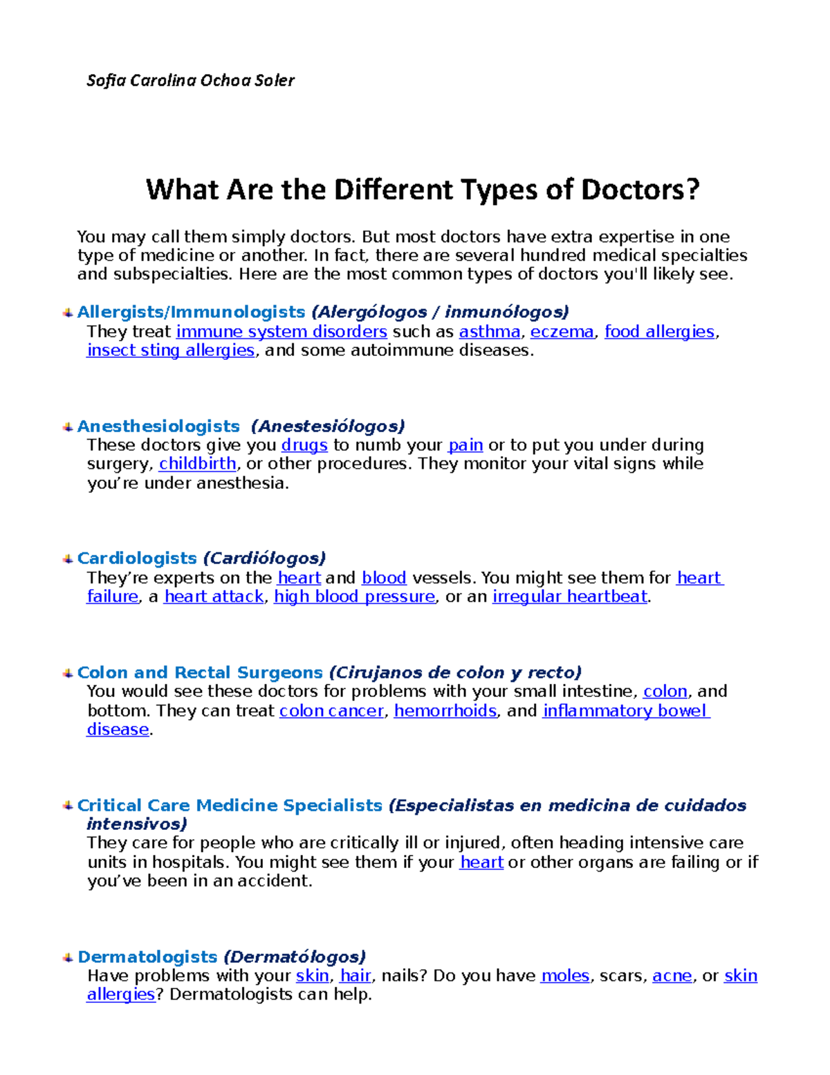 Different Types of Doctors 2021 - Sofia Carolina Ochoa Soler What Are ...