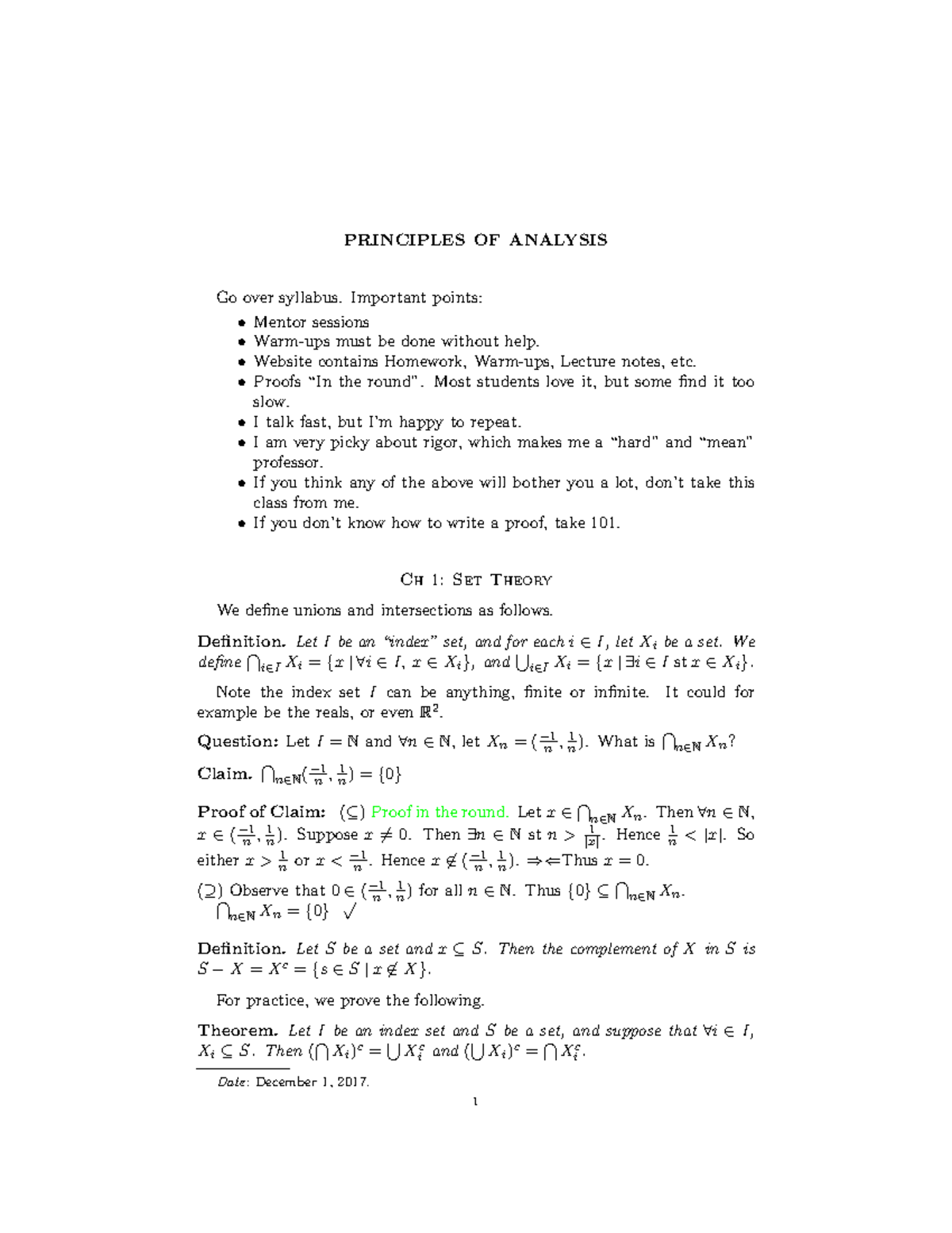 Entire Lectures Review - PRINCIPLES OF ANALYSIS Go over syllabus ...