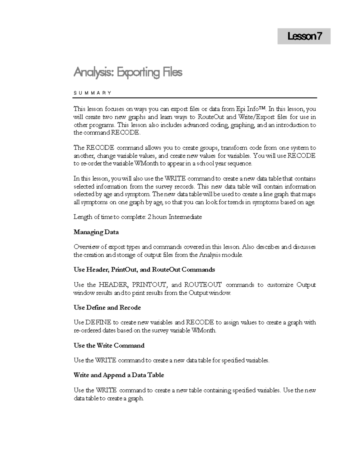 Lesson 7Analysis Exporting Files - Analysis: Exporting Files S U M M A ...
