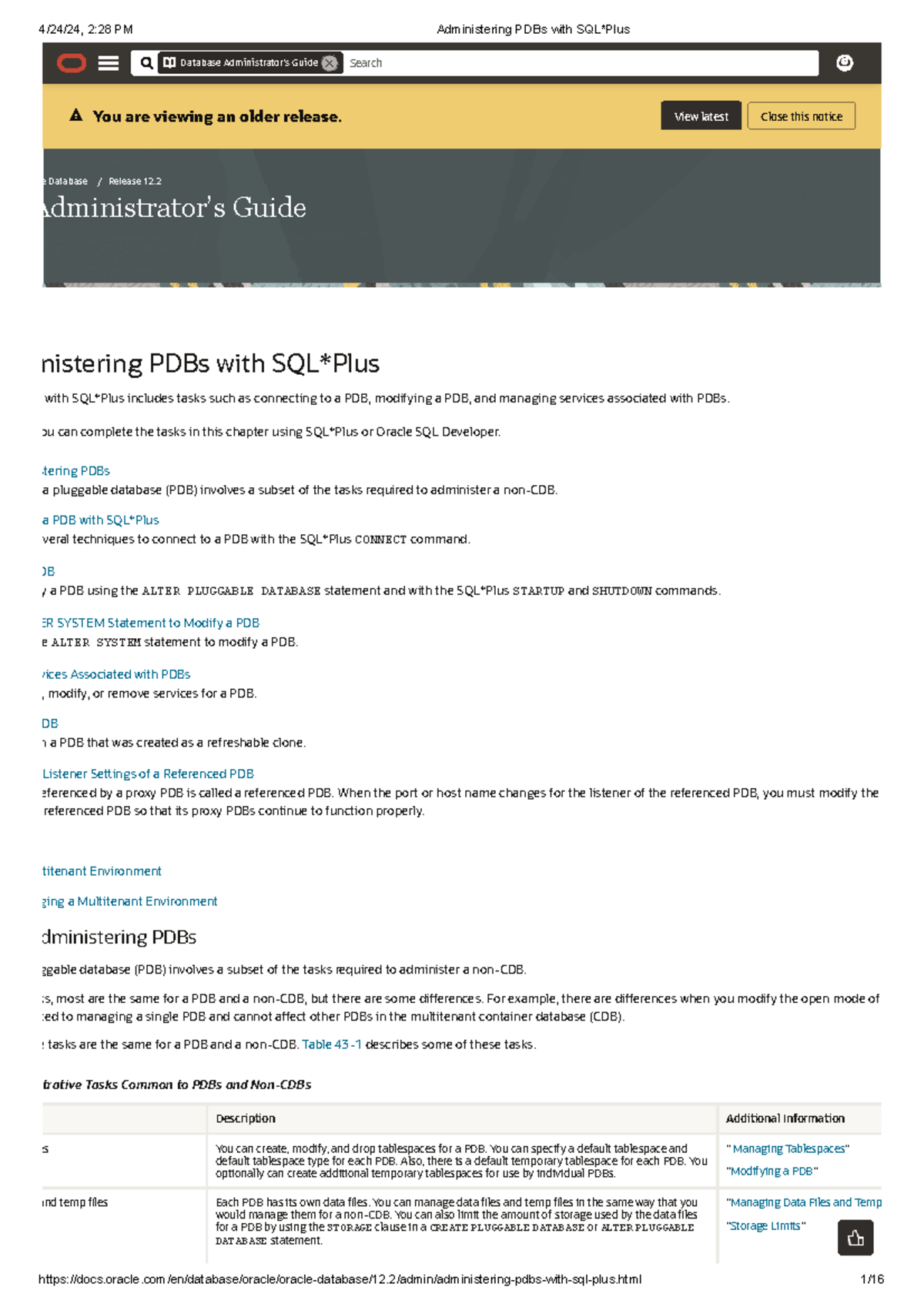 Administering PDBs with SQL Plus - You are viewing an older release ...