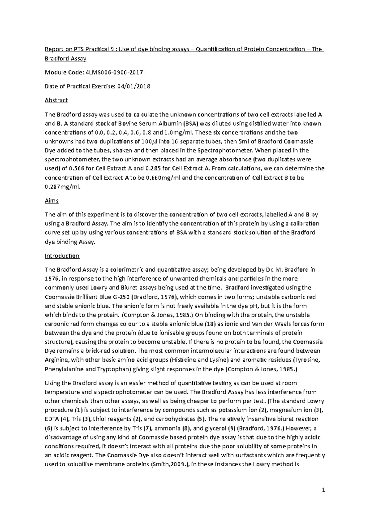 Bradford assay Essay - Report on PTS Practical 9 : Use of dye binding ...