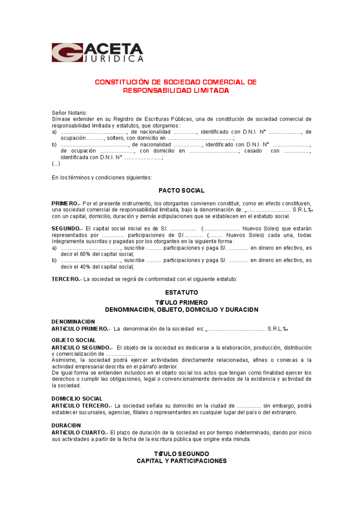 Semana 4modelo De Estatuto De Una Srl ConstituciÓn De Sociedad