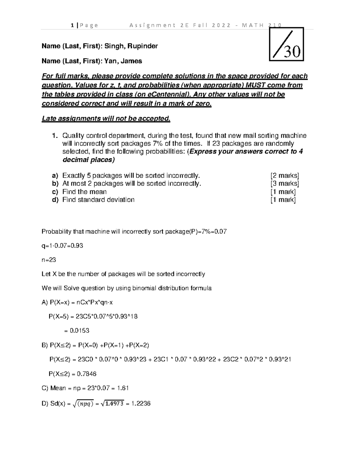 Math 210 Assignment 2e Statistics 30 Name Last First Singh Rupinder Name Last First
