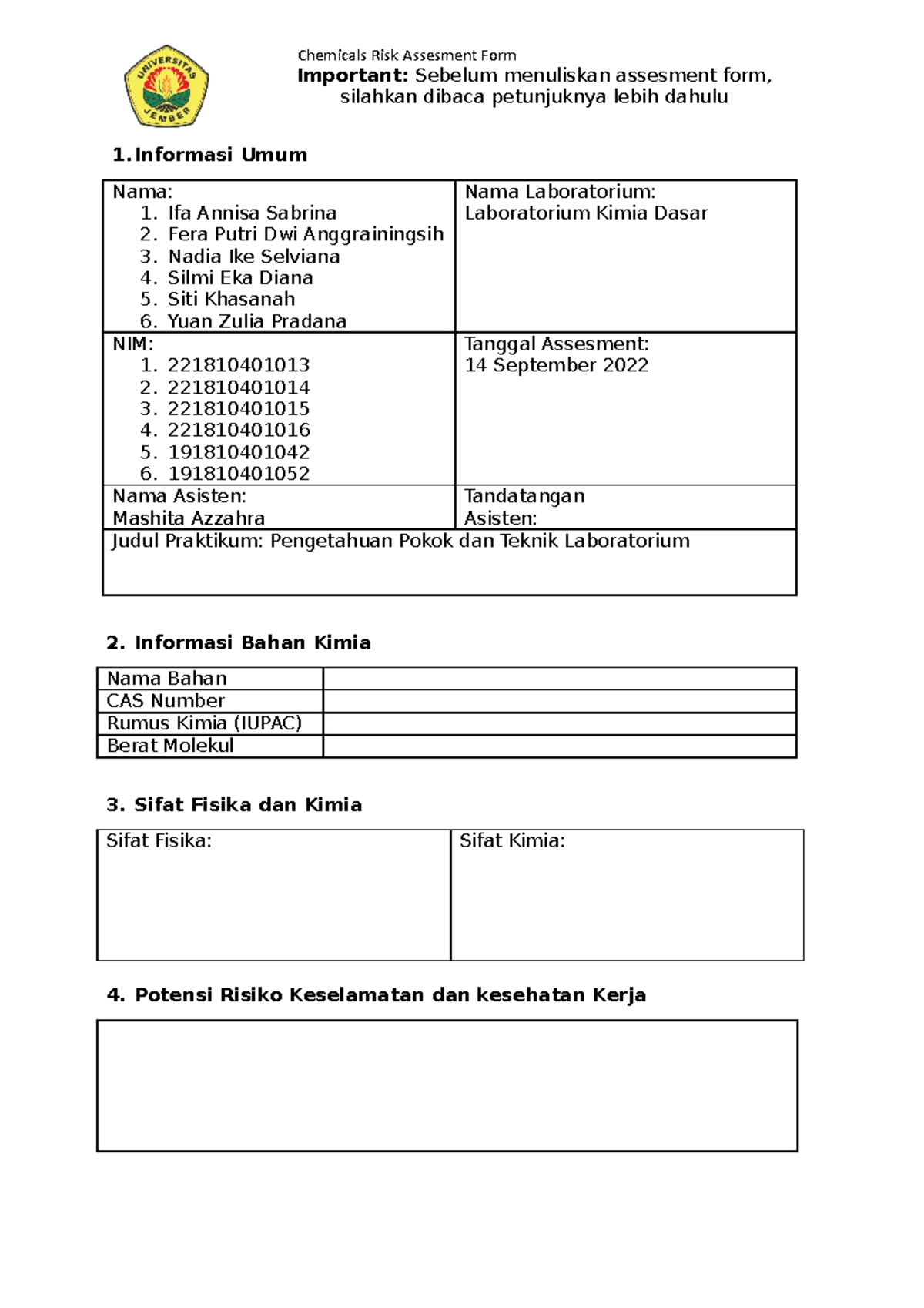 Cra - Kertas MSDS Praktikum Kimia Dasar - Chemicals Risk Assesment Form ...