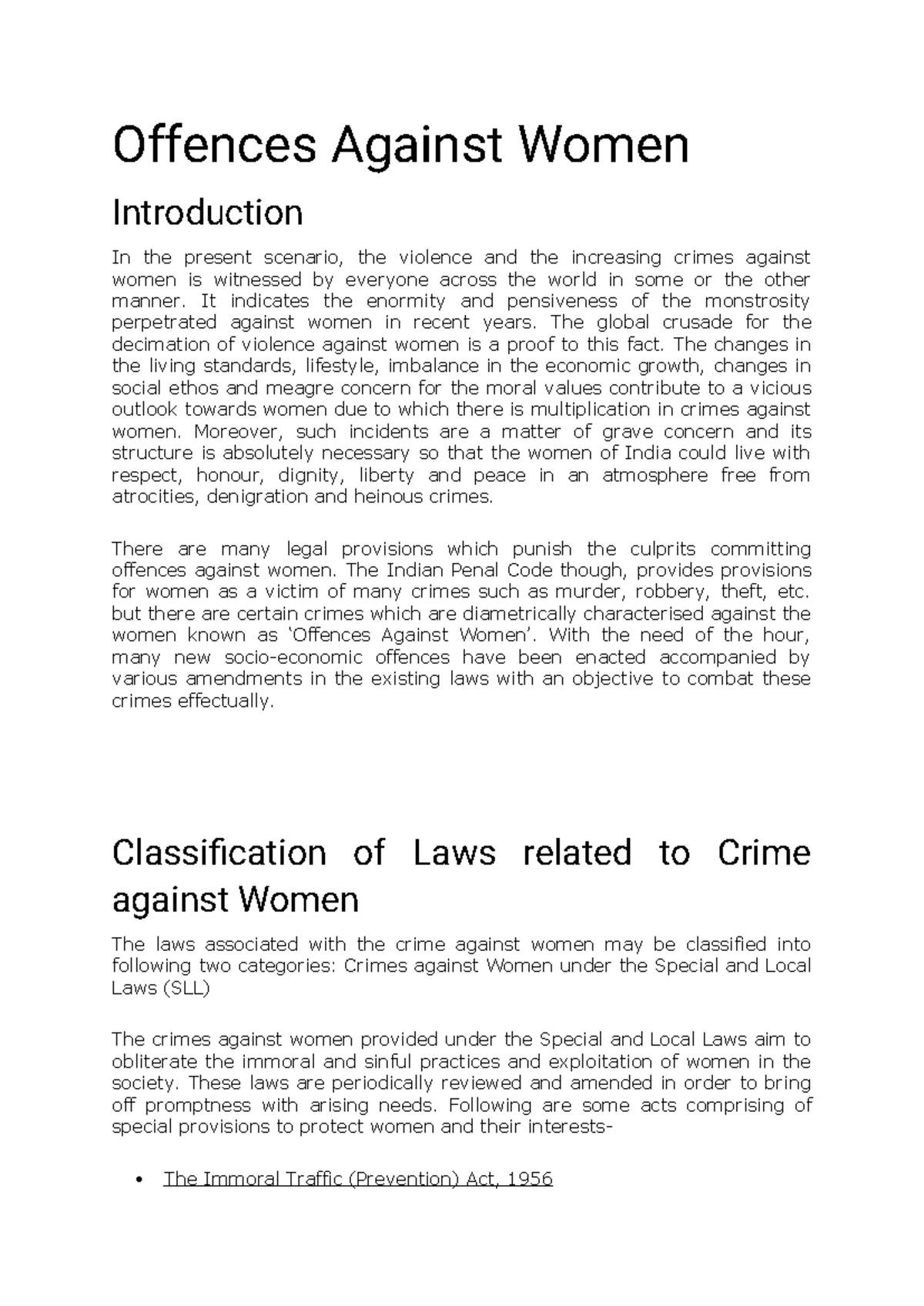 Women and law - Offences Against Women Introduction In the present ...