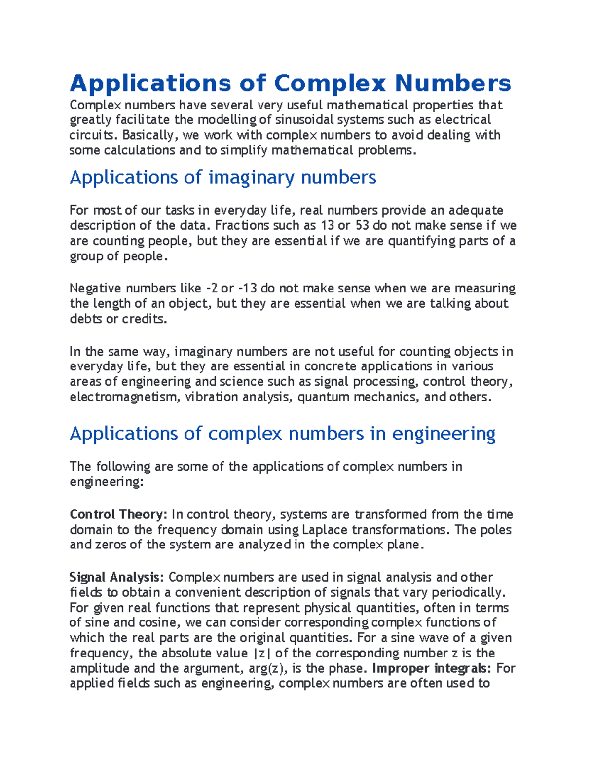 Applications Of Complex Numbers Applications Of Complex Numbers